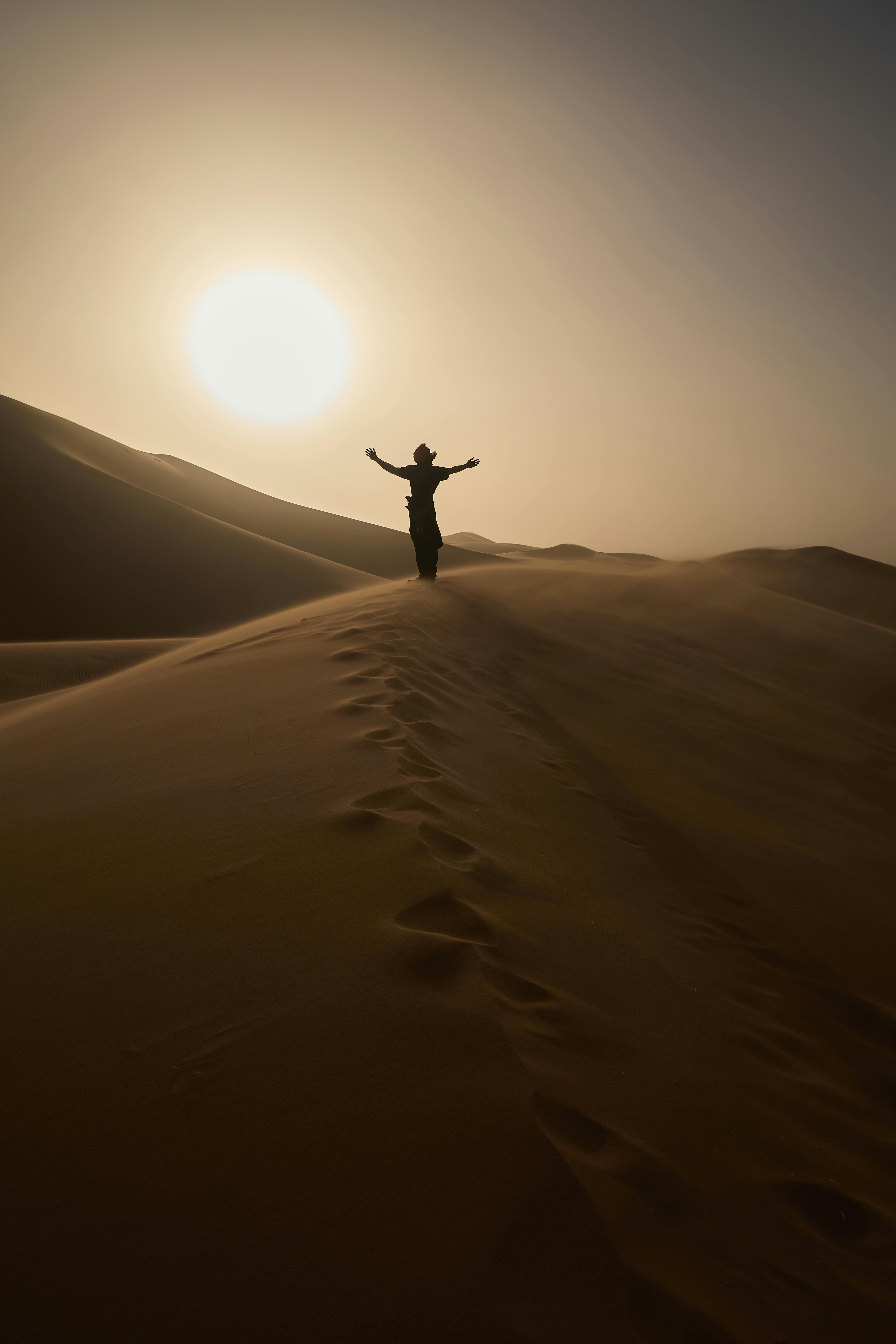 Person with Arms Spread Out Standing on a Sand Dune · Free Stock Photo