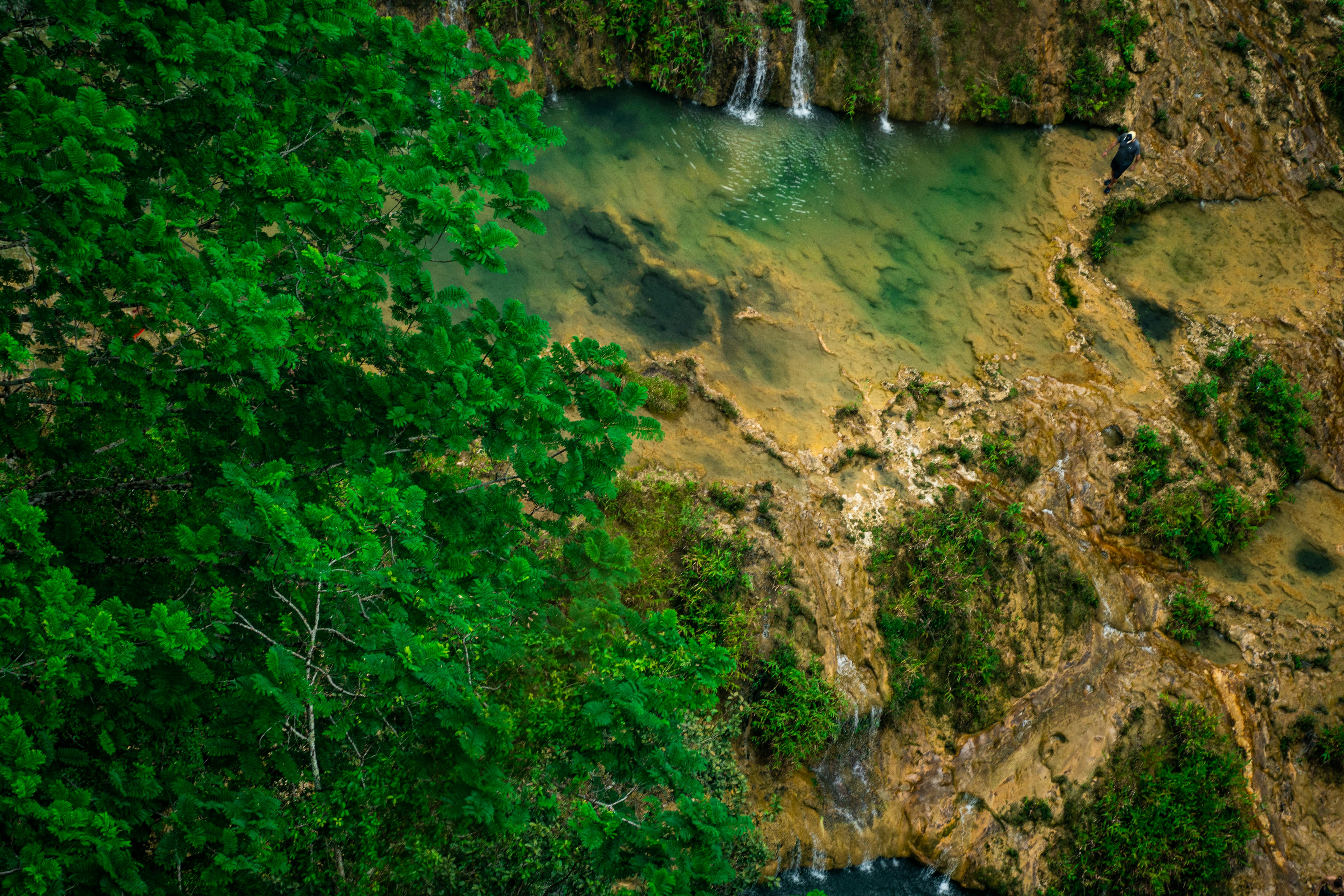 Aerial View of a Rocky Cascade and Green Trees · Free Stock Photo