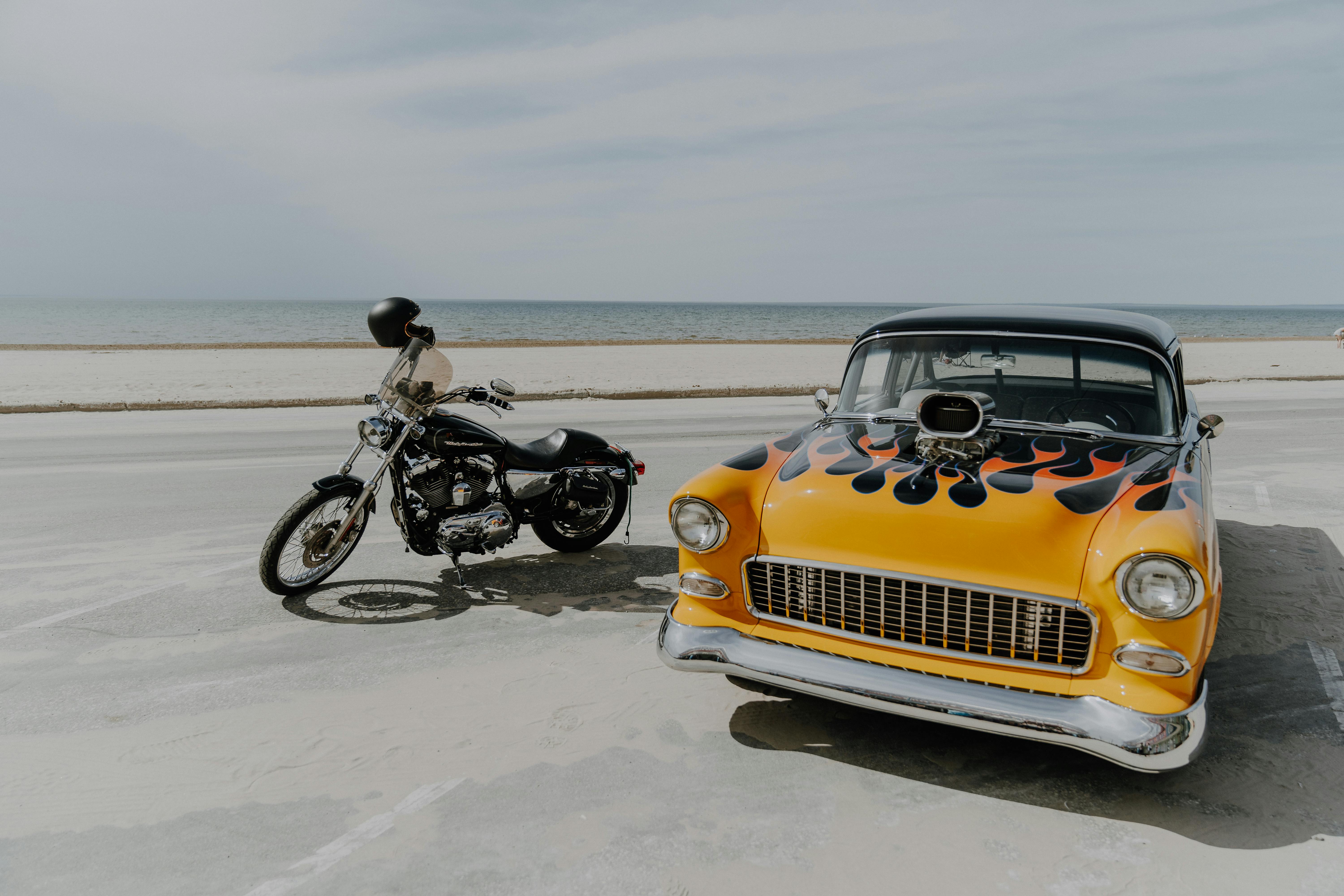 1955 Chevrolet and Motorbike on Road · Free Stock Photo