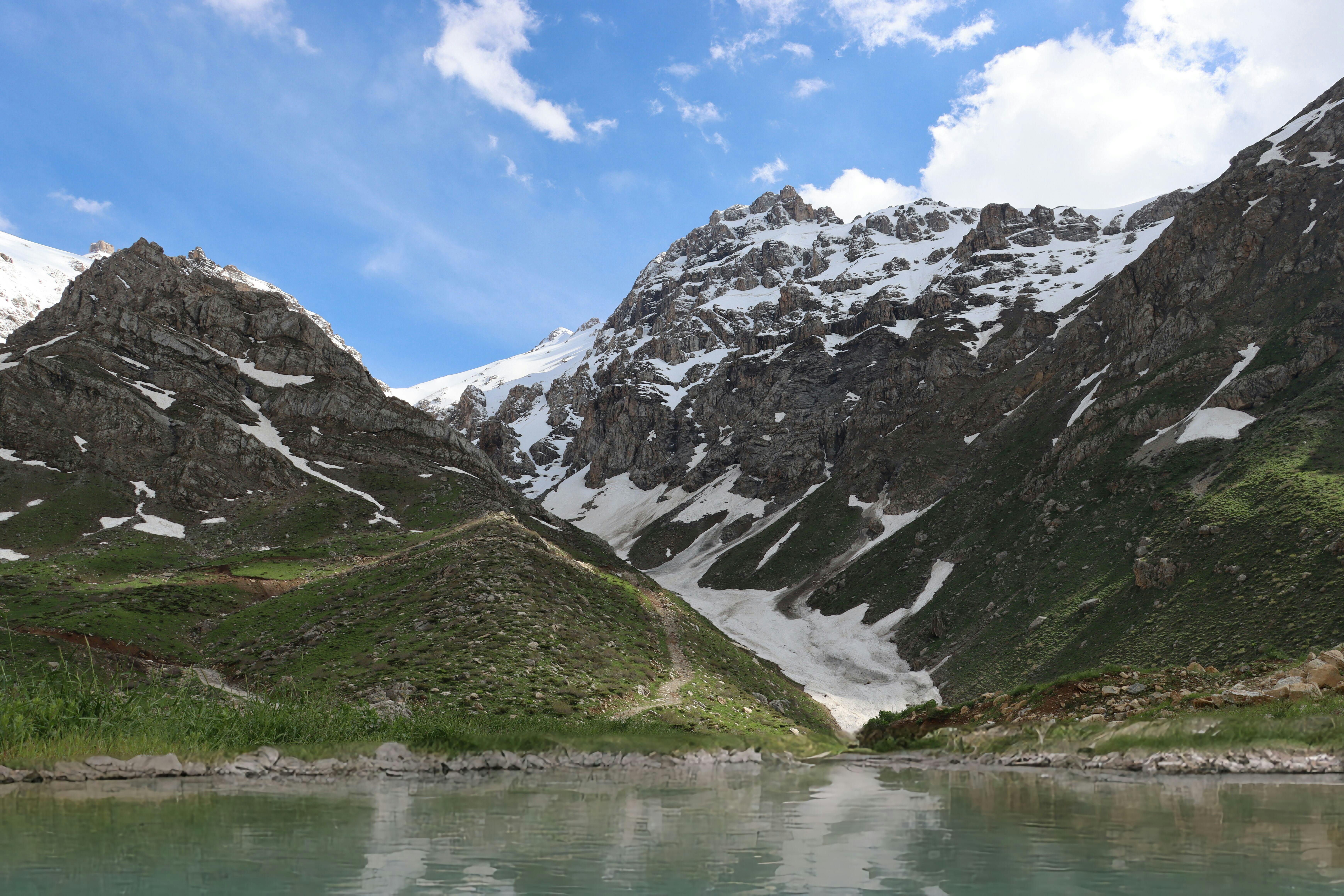 Rocky Mountains with Snow Caps Melting into Lake · Free Stock Photo