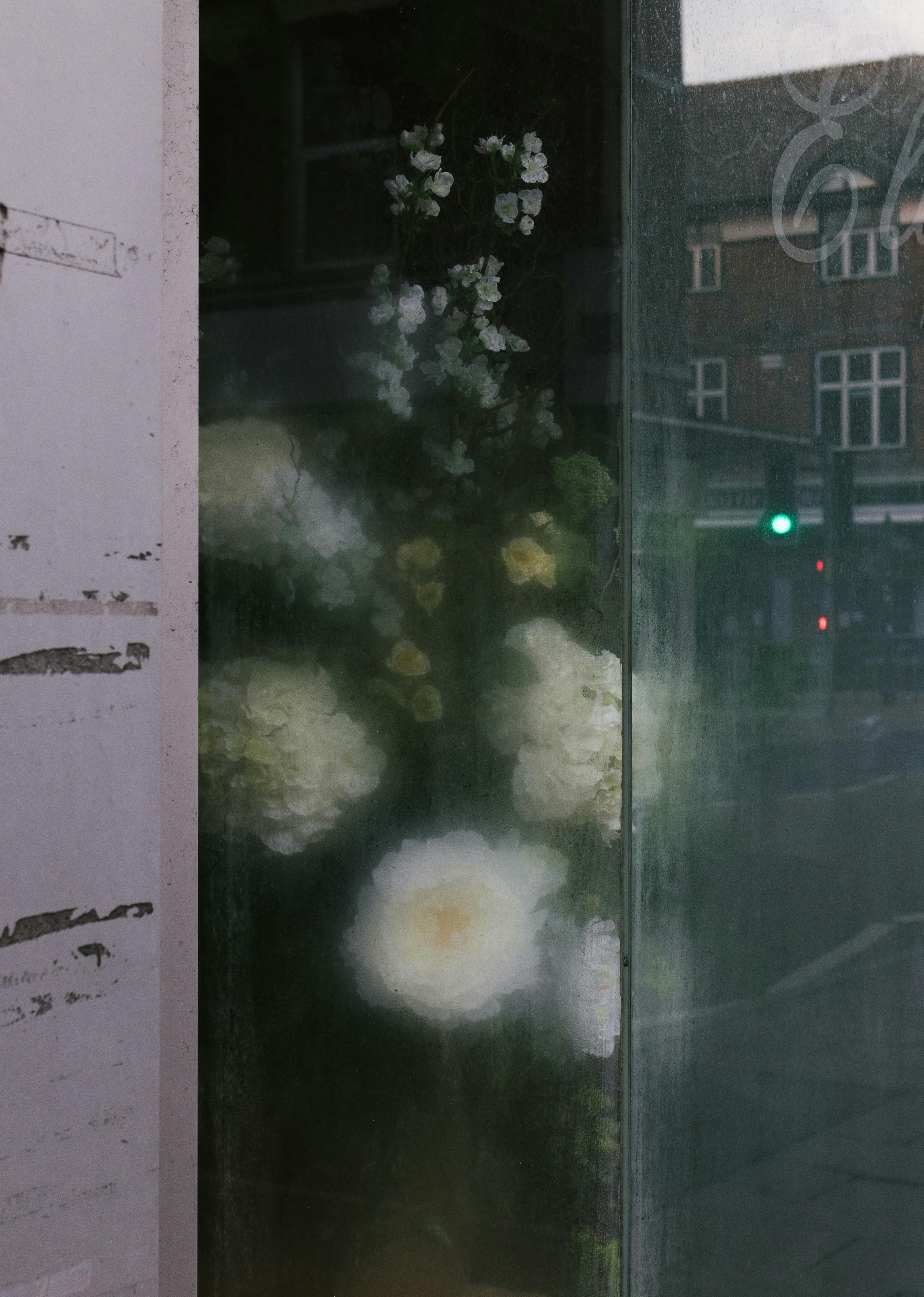 View of White Flowers Through Blurry Window · Free Stock Photo