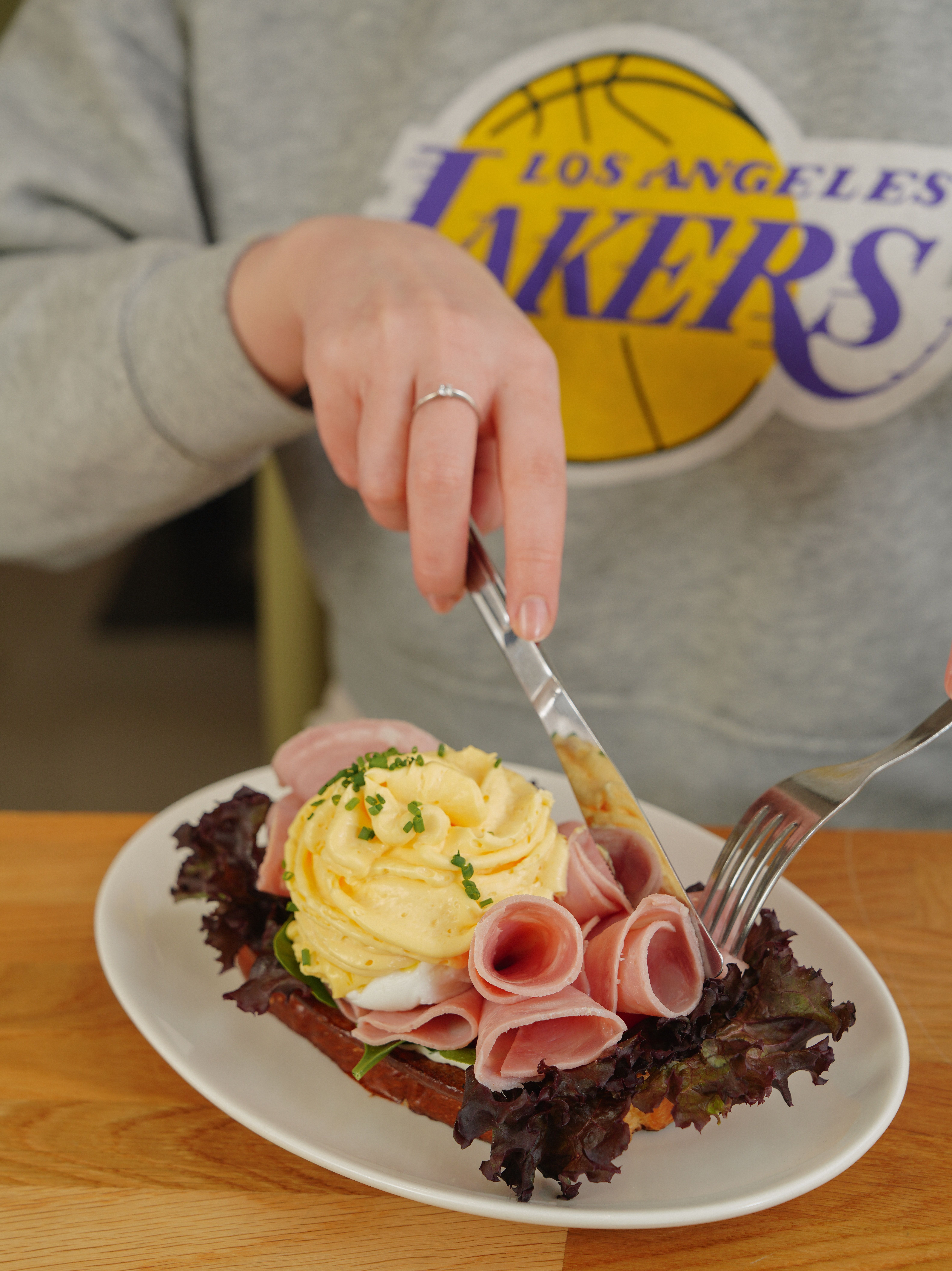 Person Eating Ham with Lettuce and Mashed Potatoes · Free Stock Photo