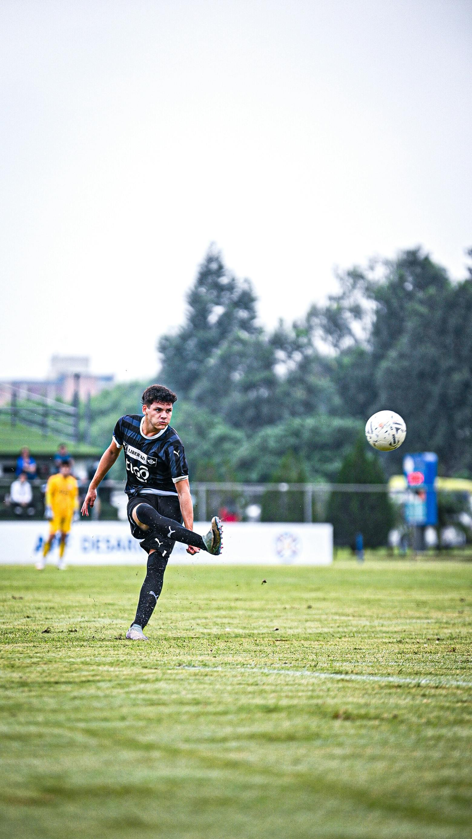Soccer Player Kicking White Gray Soccer Ball on Green Grass Field ...