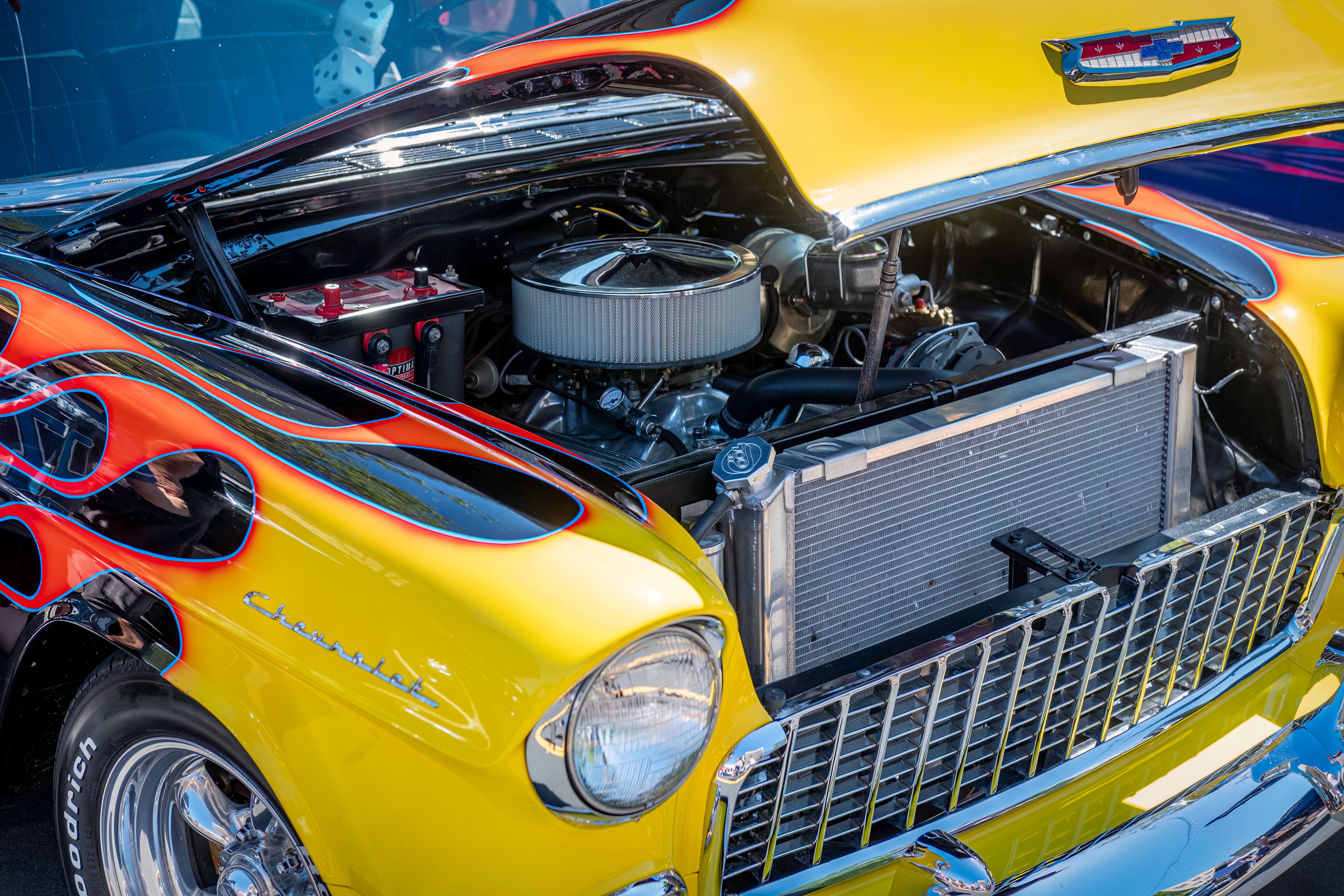 Flames on Livery of 1955 Chevrolet with Open Hood · Free Stock Photo