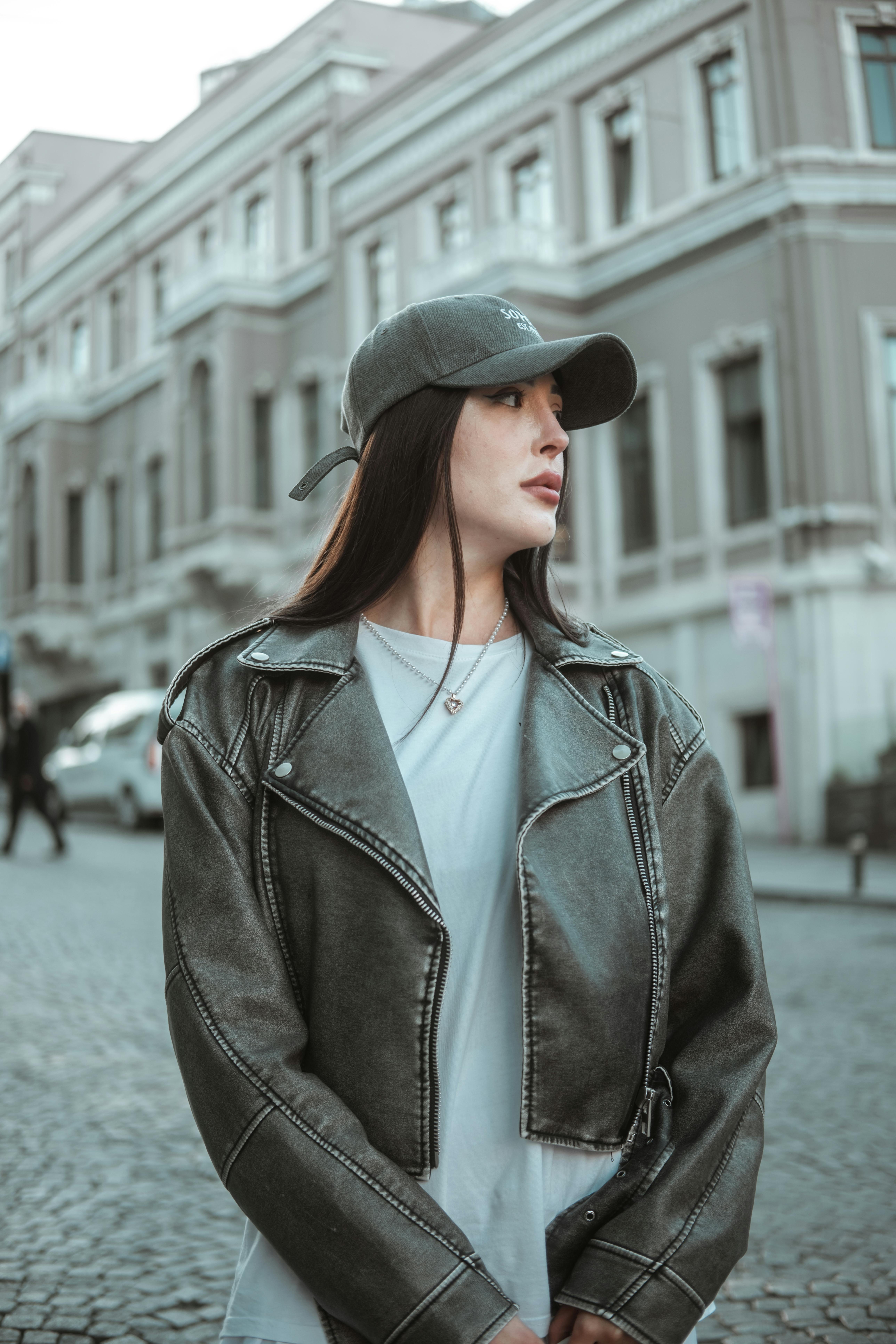 Model in Cap and Leather Jacket · Free Stock Photo