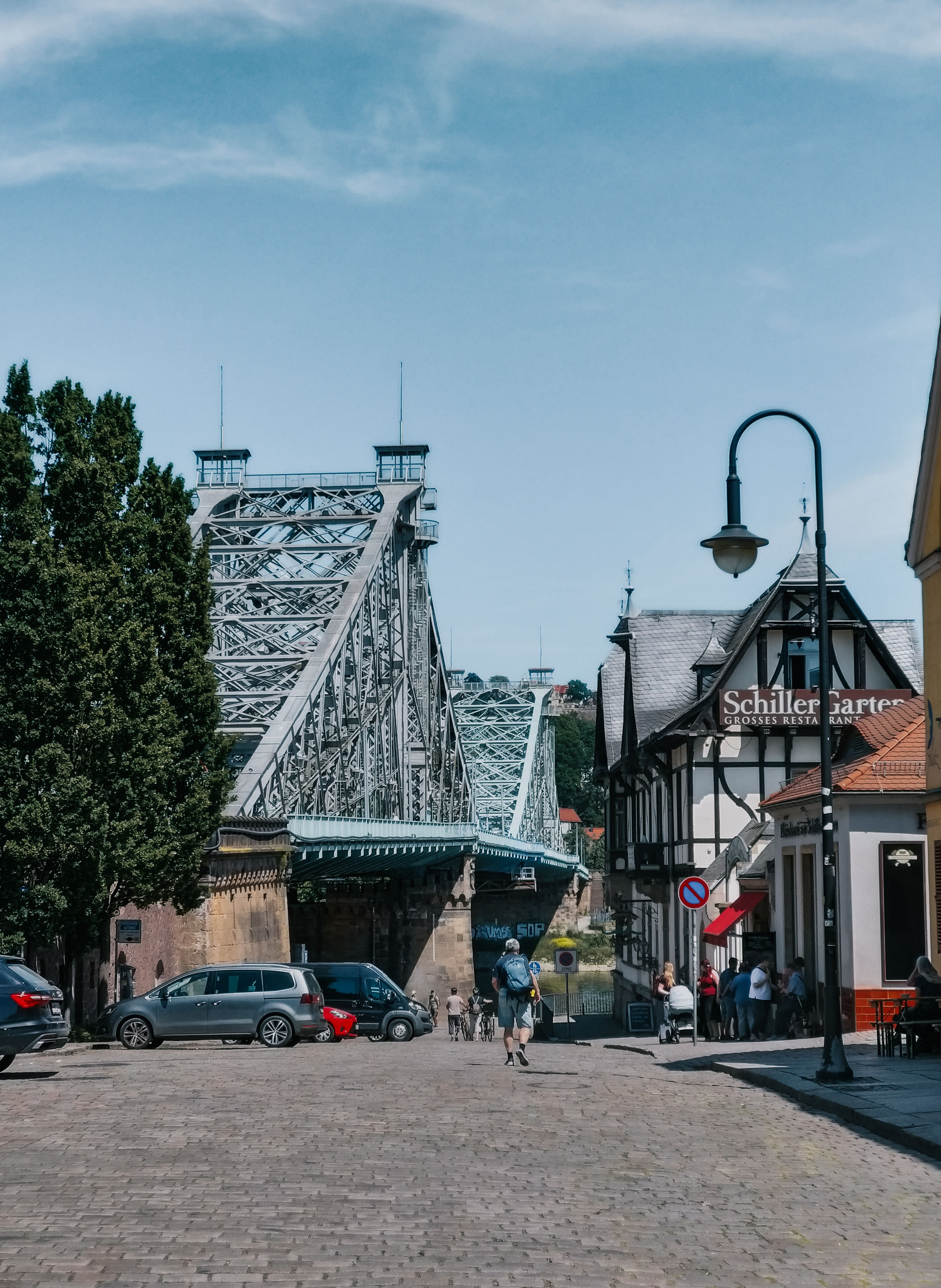 Cobblestone Street towards Loschwitz Bridge in Dresden in Germany ...