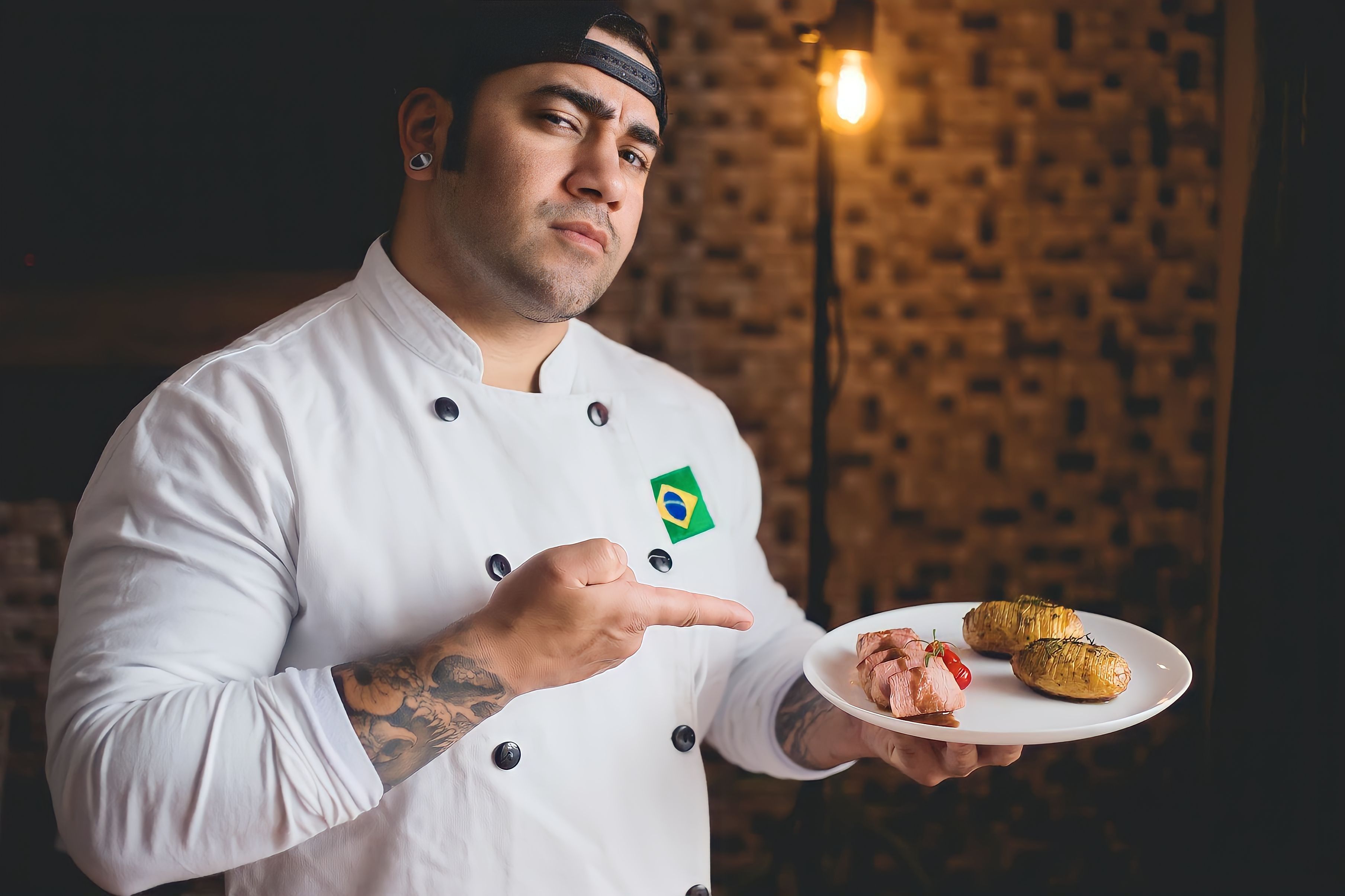 A chef holding a plate of food with a finger pointing · Free Stock Photo