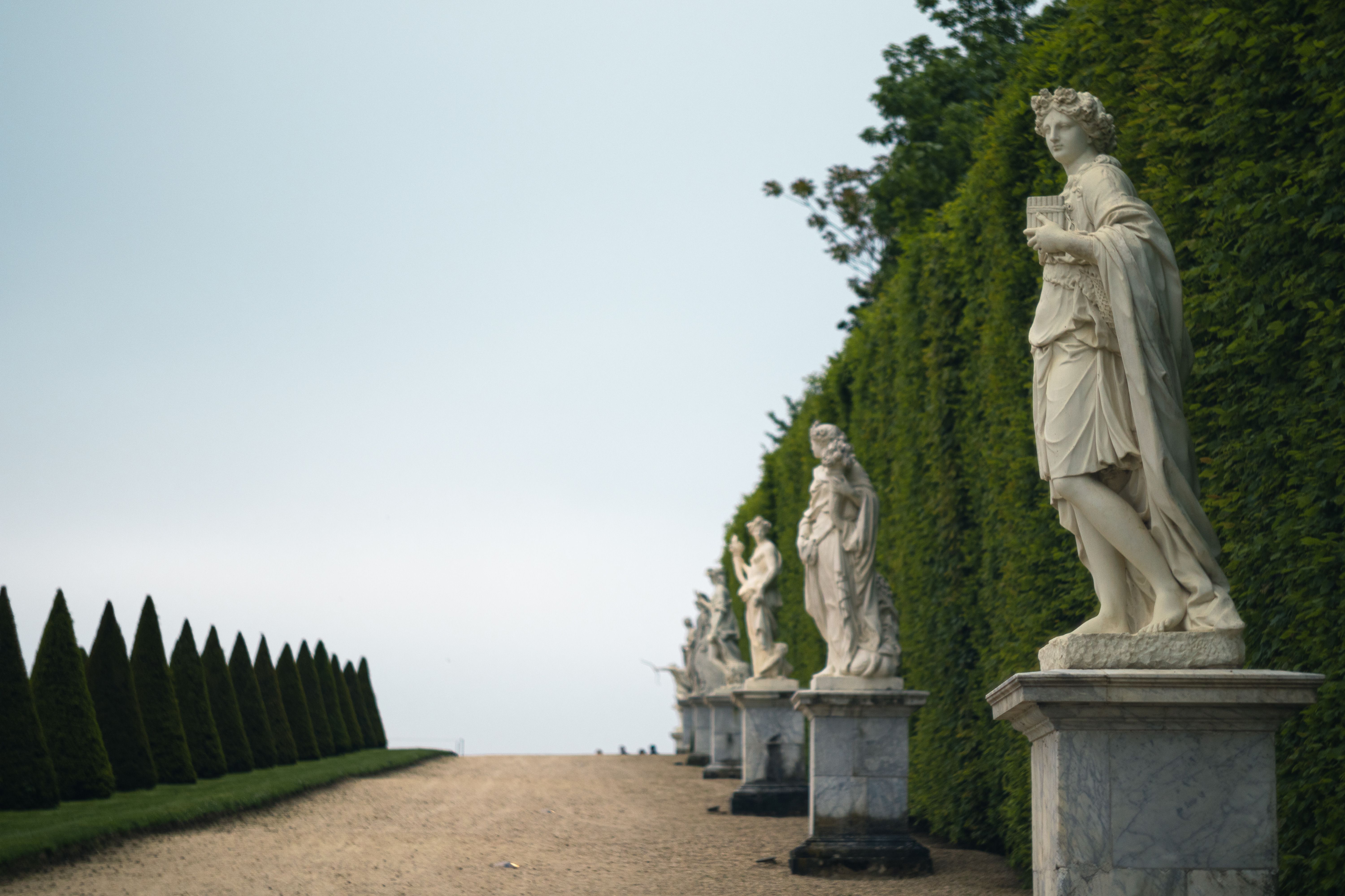View of a Walkway along the Statues in the Gardens of Versailles ...