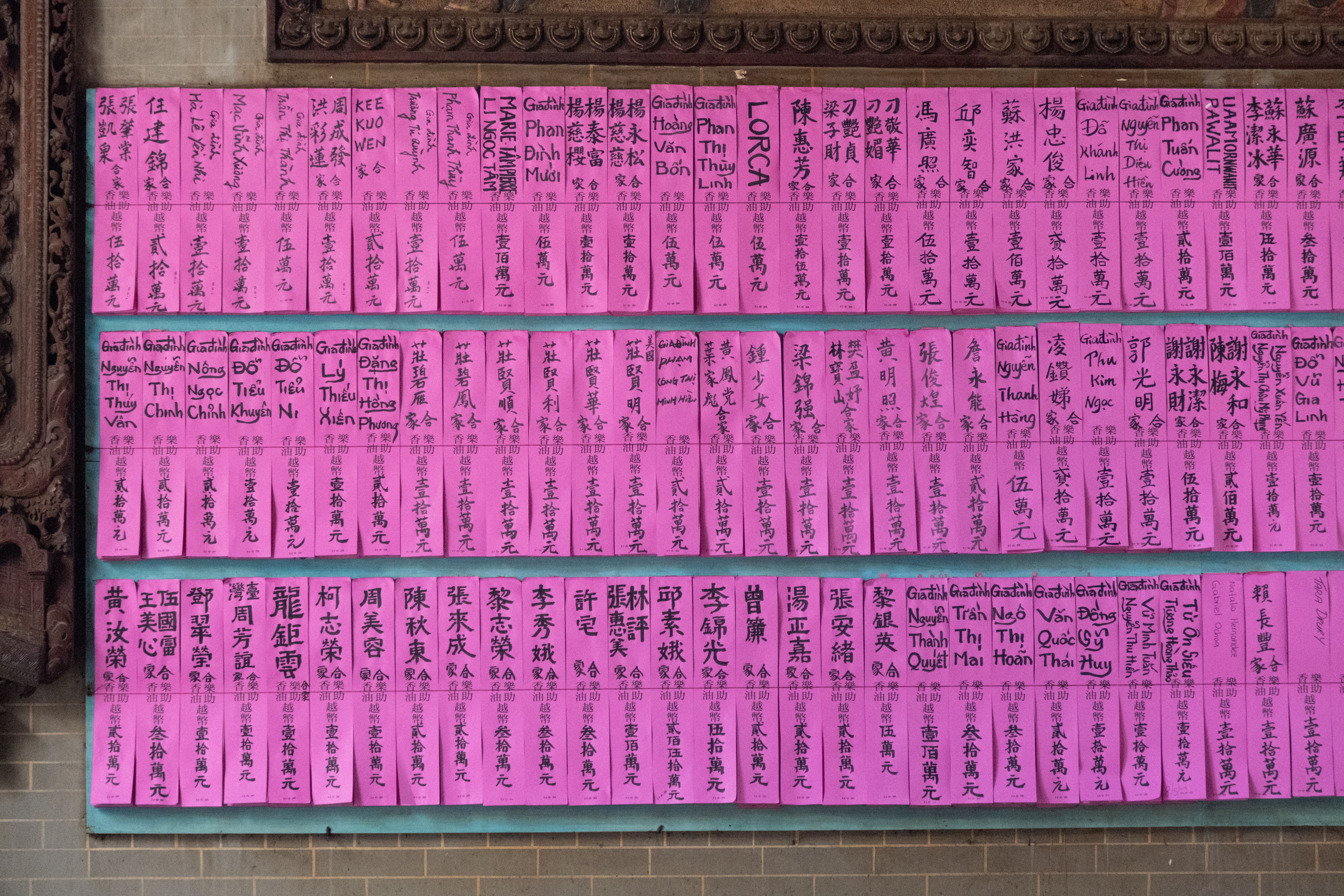 Pink Paper Slips Listing Donors at the Chua Ba Thien Hau Temple · Free ...