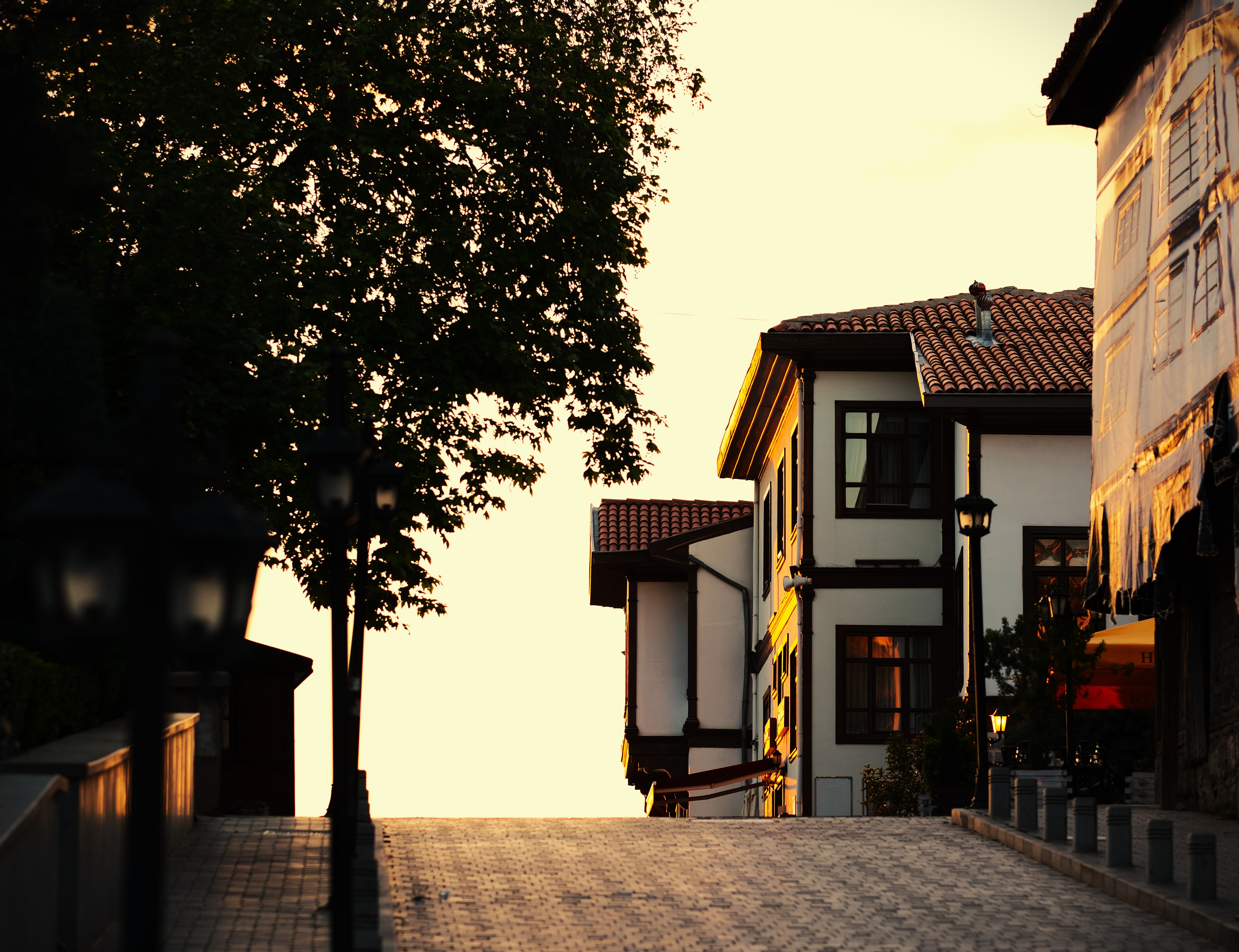 Cobblestone Street between Houses at Sunrise · Free Stock Photo
