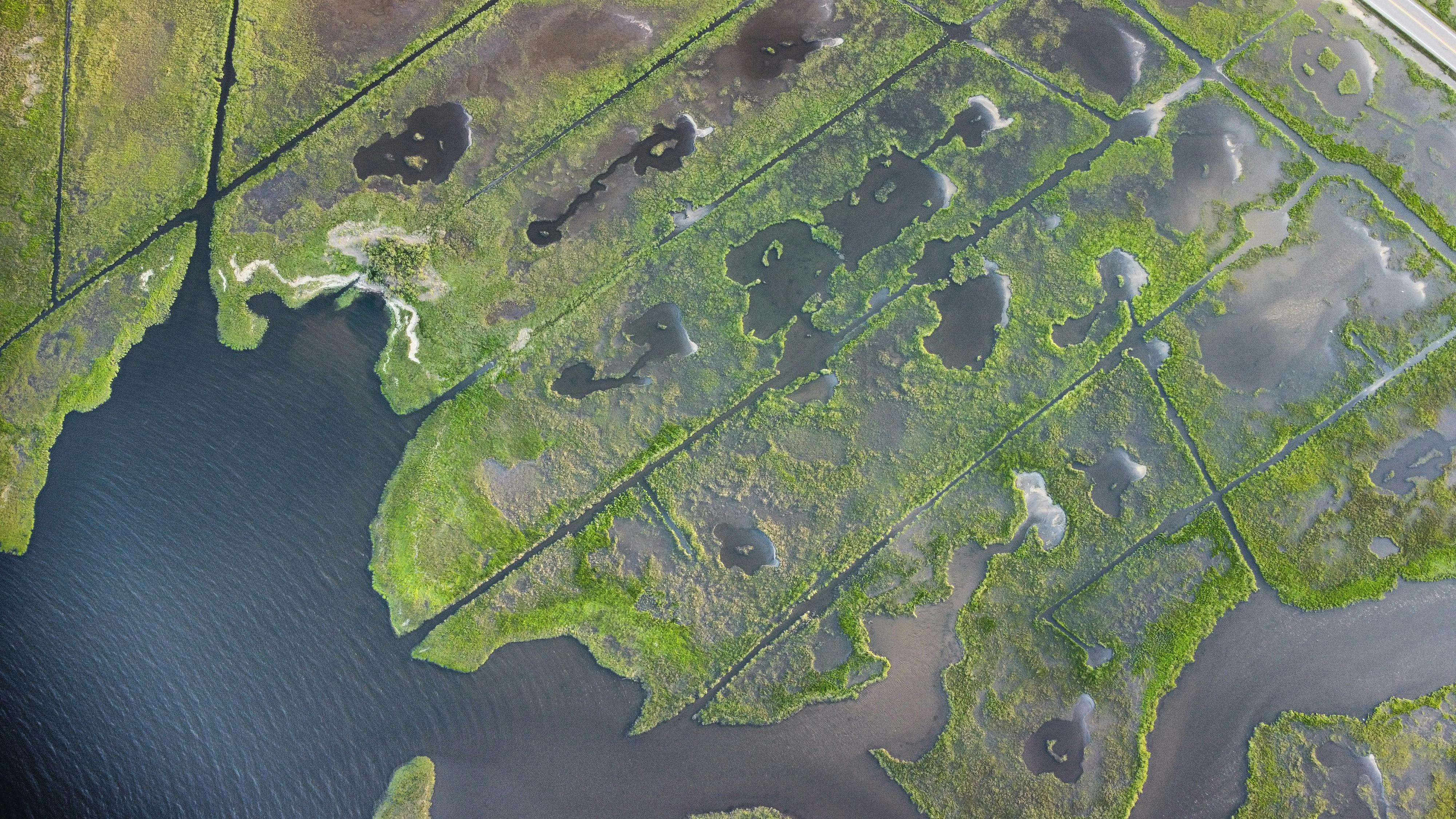 An aerial view of a marshland with water · Free Stock Photo