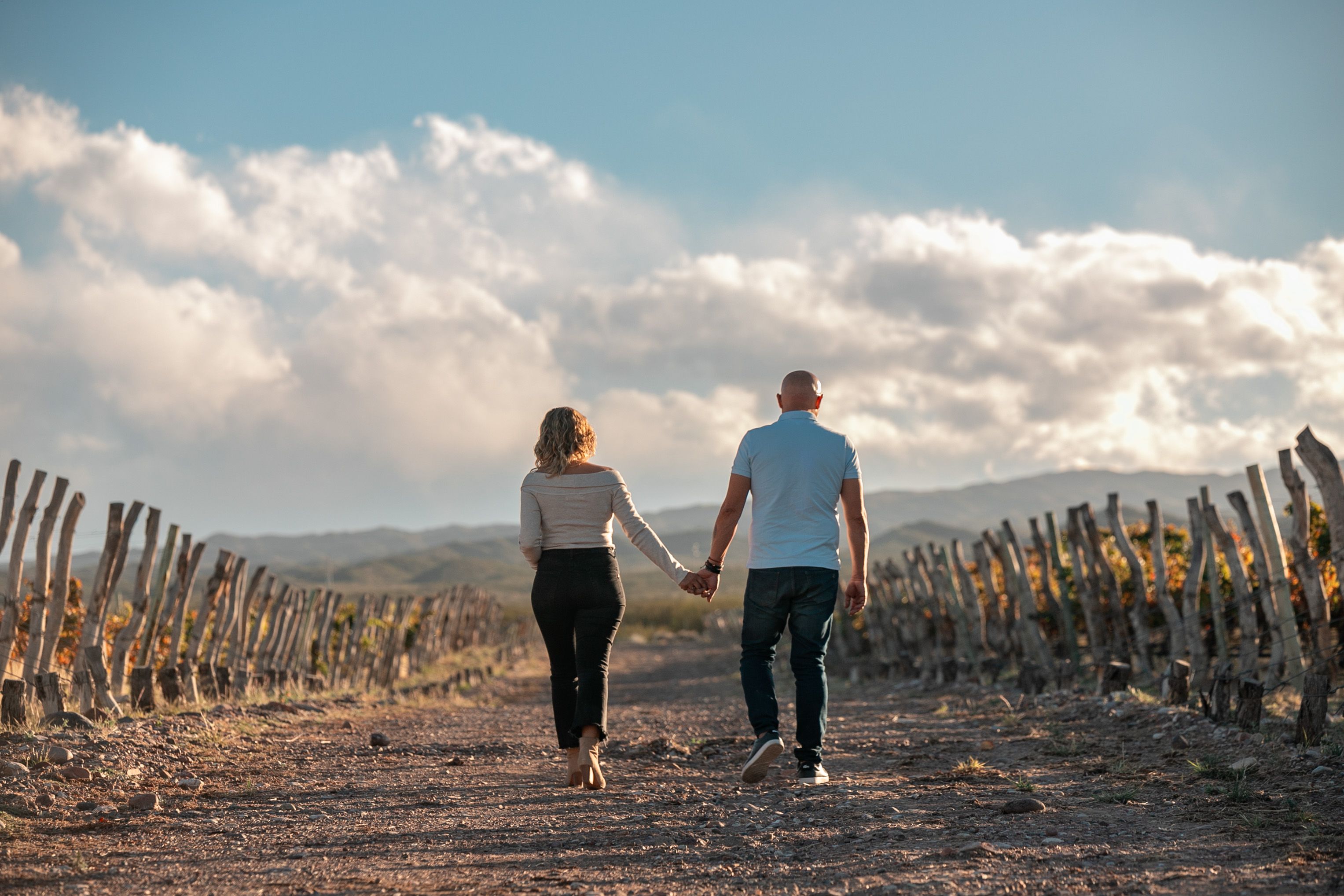 Back View of Couple Walking Together between Fields and Hills · Free ...