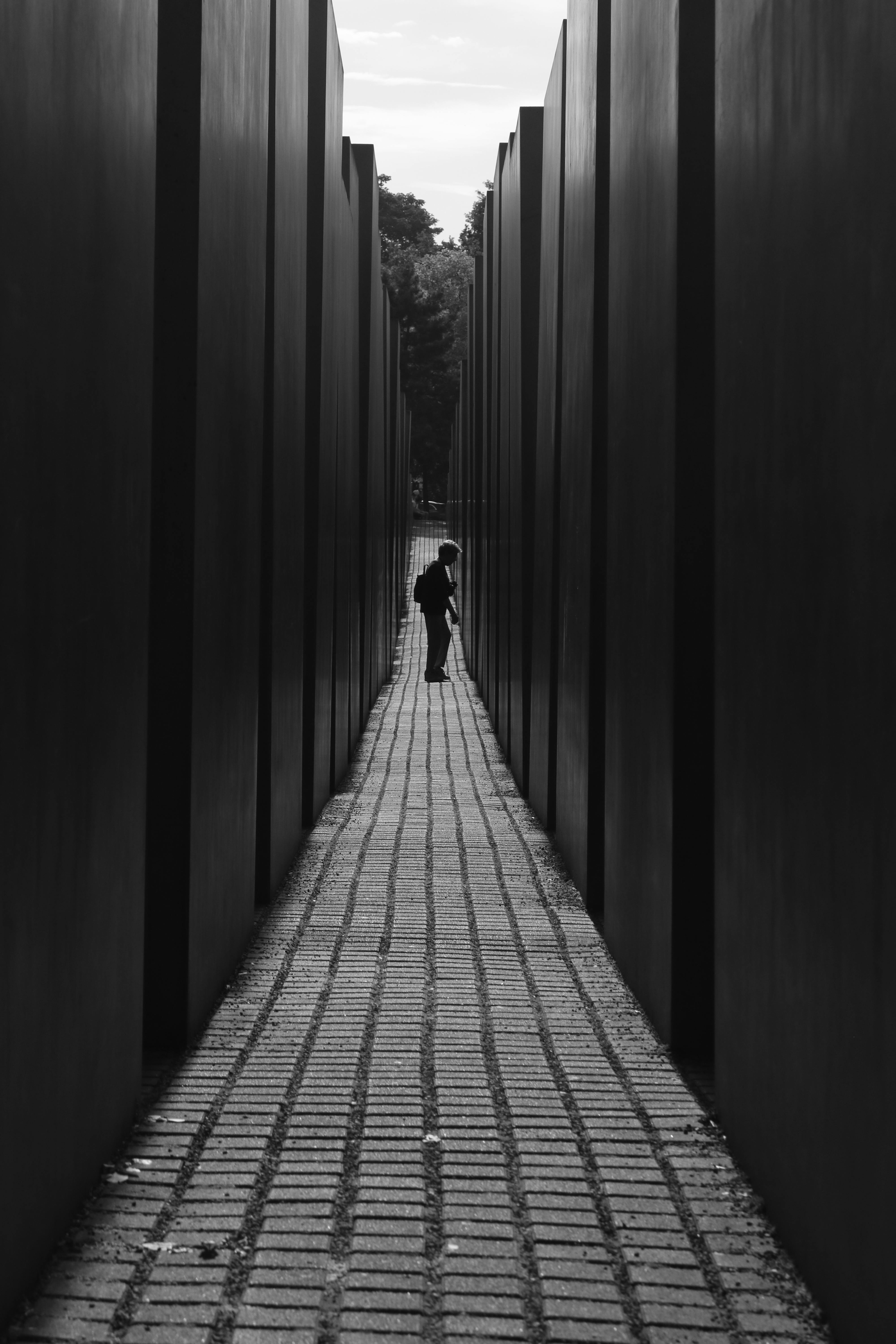 Man Standing on Brick Pathway Between Tall Walls · Free Stock Photo