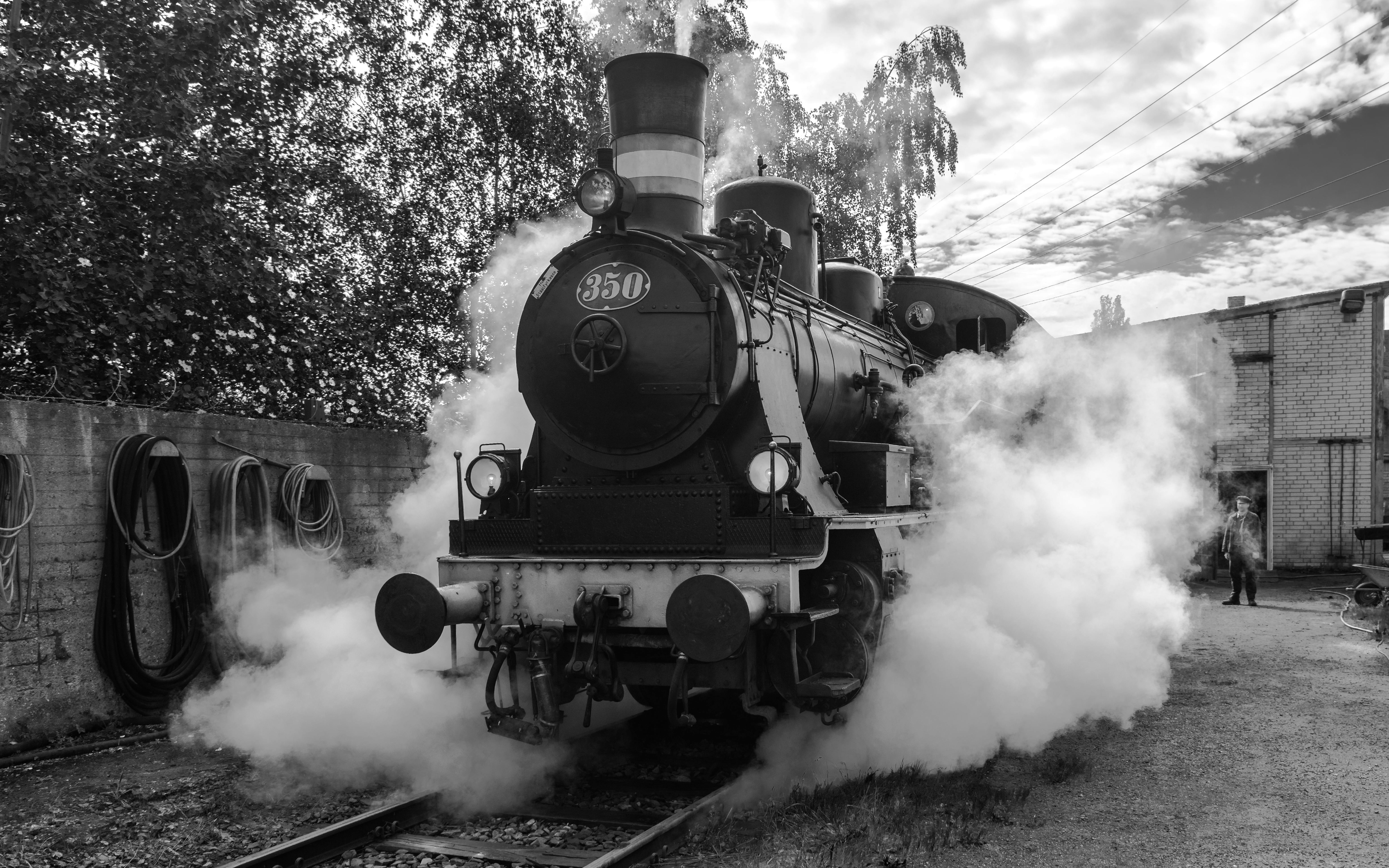 Moving Train with Smoke Underneath in Black and White · Free Stock Photo