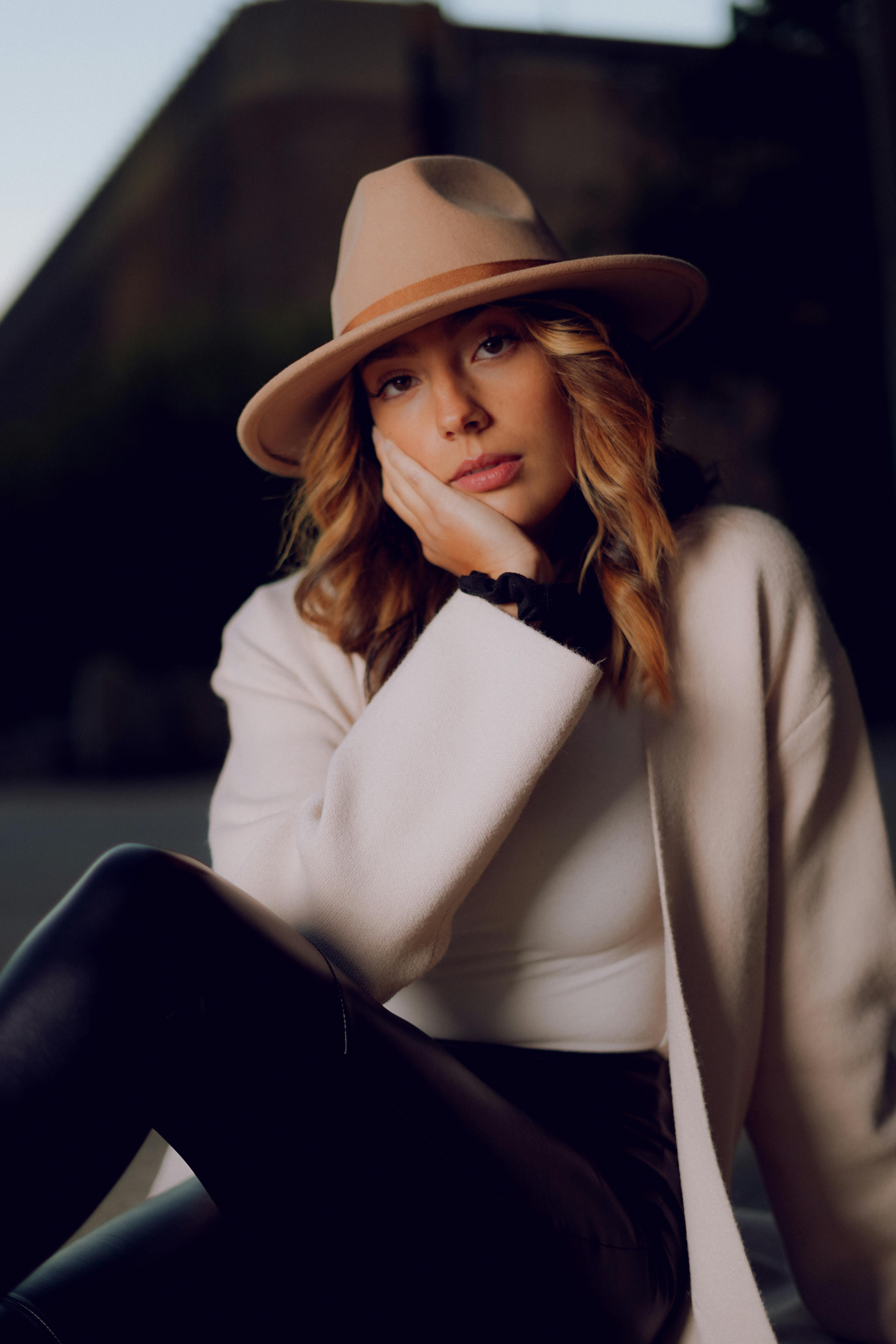 Female Model Wearing a Fedora and a Beige Cardigan · Free Stock Photo