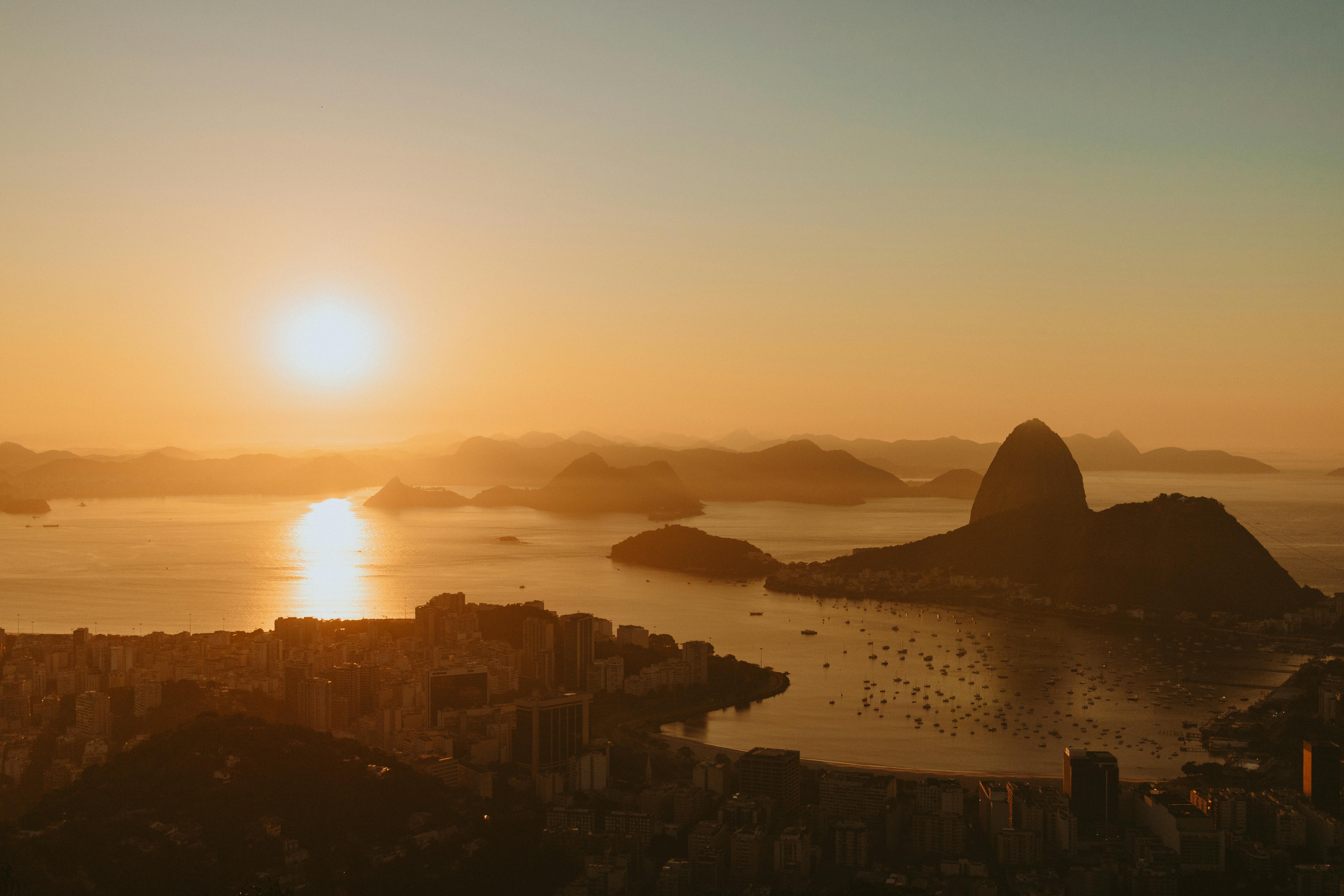 Aerial View of the Guanabara Bay with the Sugarloaf Mountain at Sunset ...