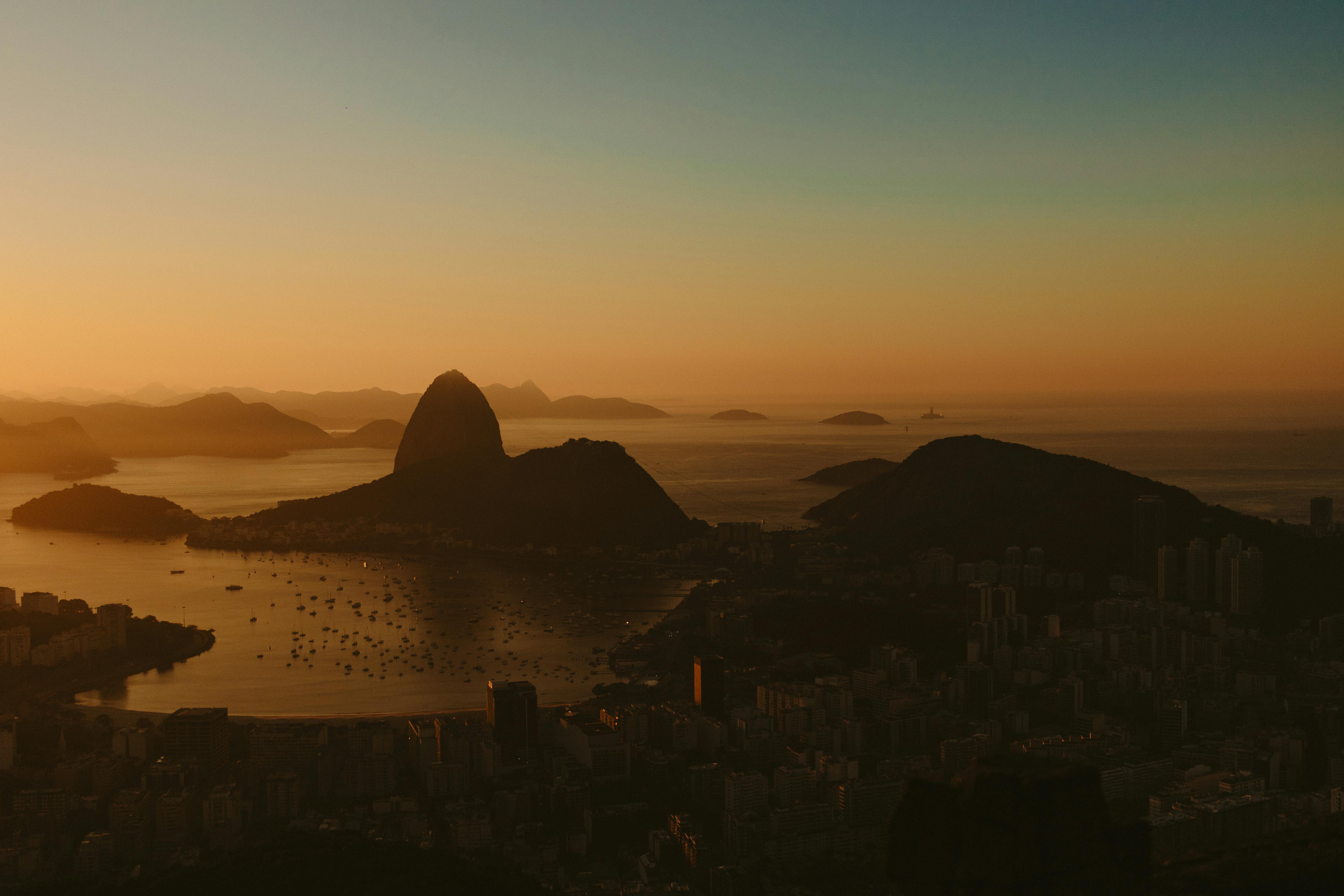 Aerial View of the Guanabara Bay with the Sugarloaf Mountain at Sunset ...