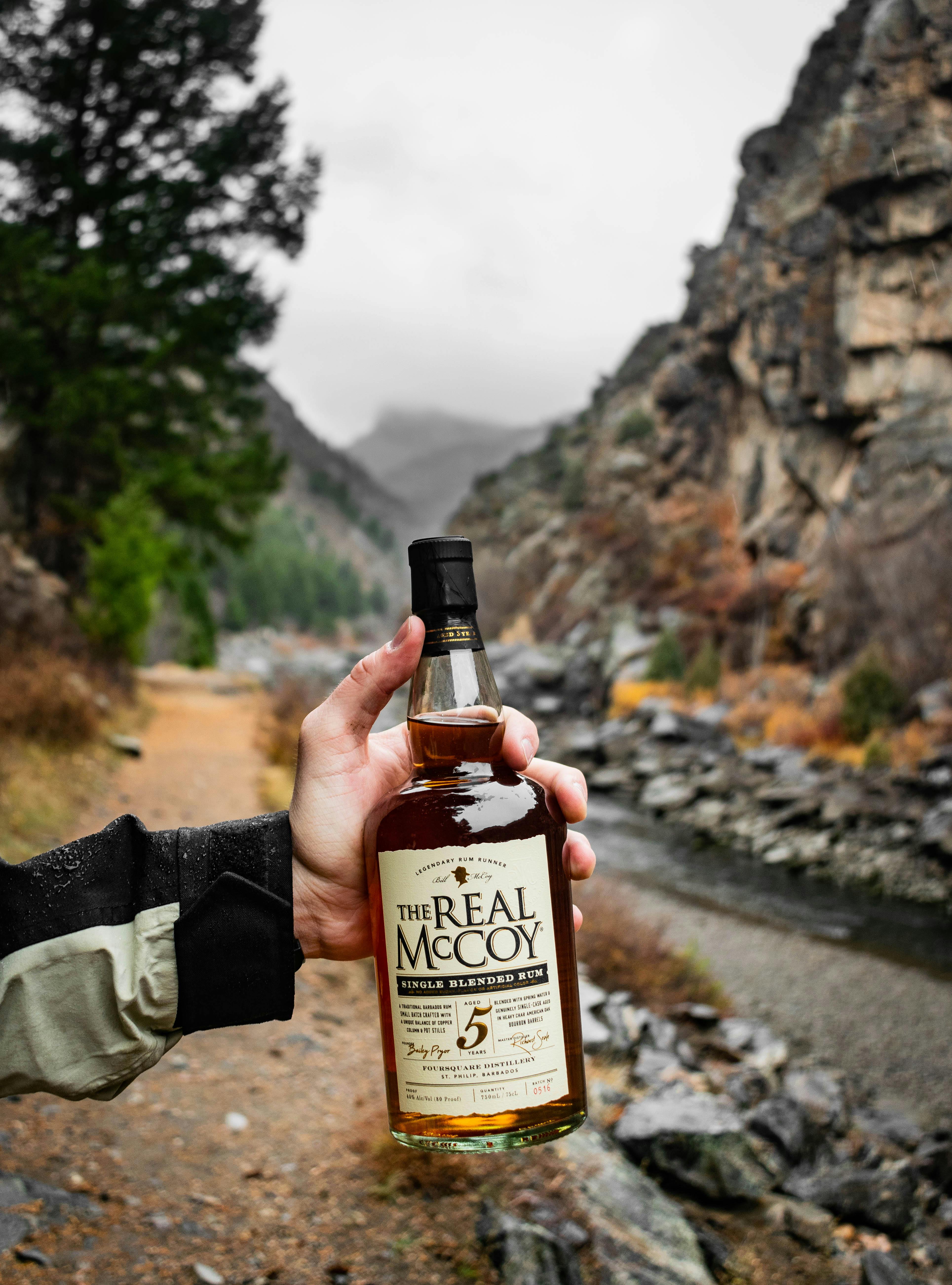 Hand Holding Rum Bottle in Rocky Mountainous Valley · Free Stock Photo