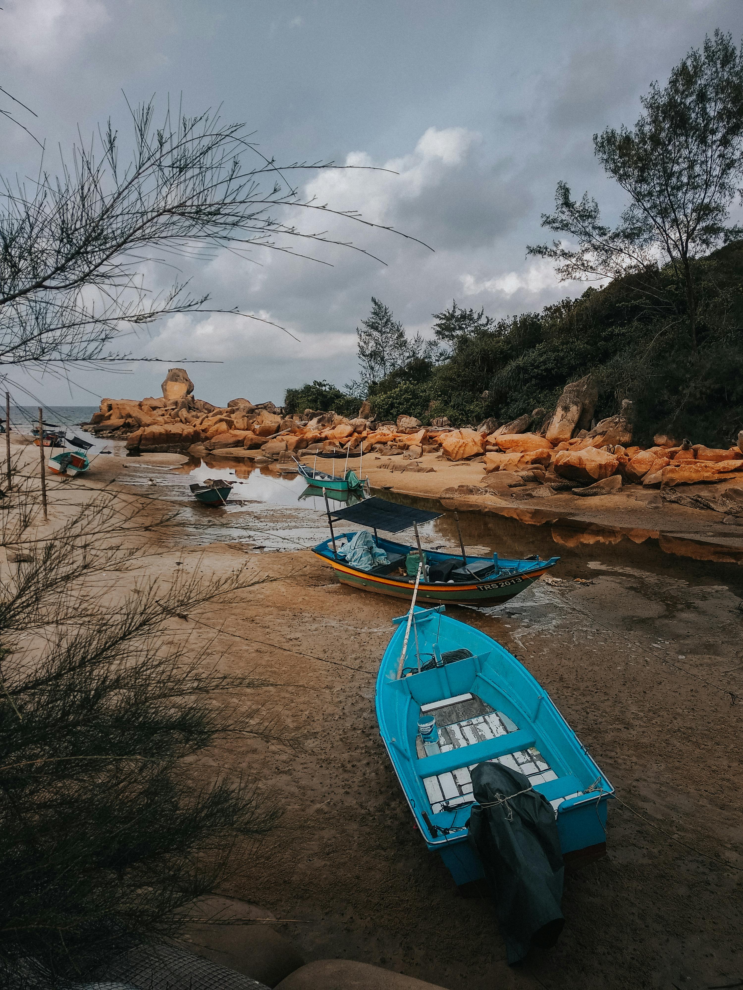 Two Blue Canoe Near Shoreline · Free Stock Photo