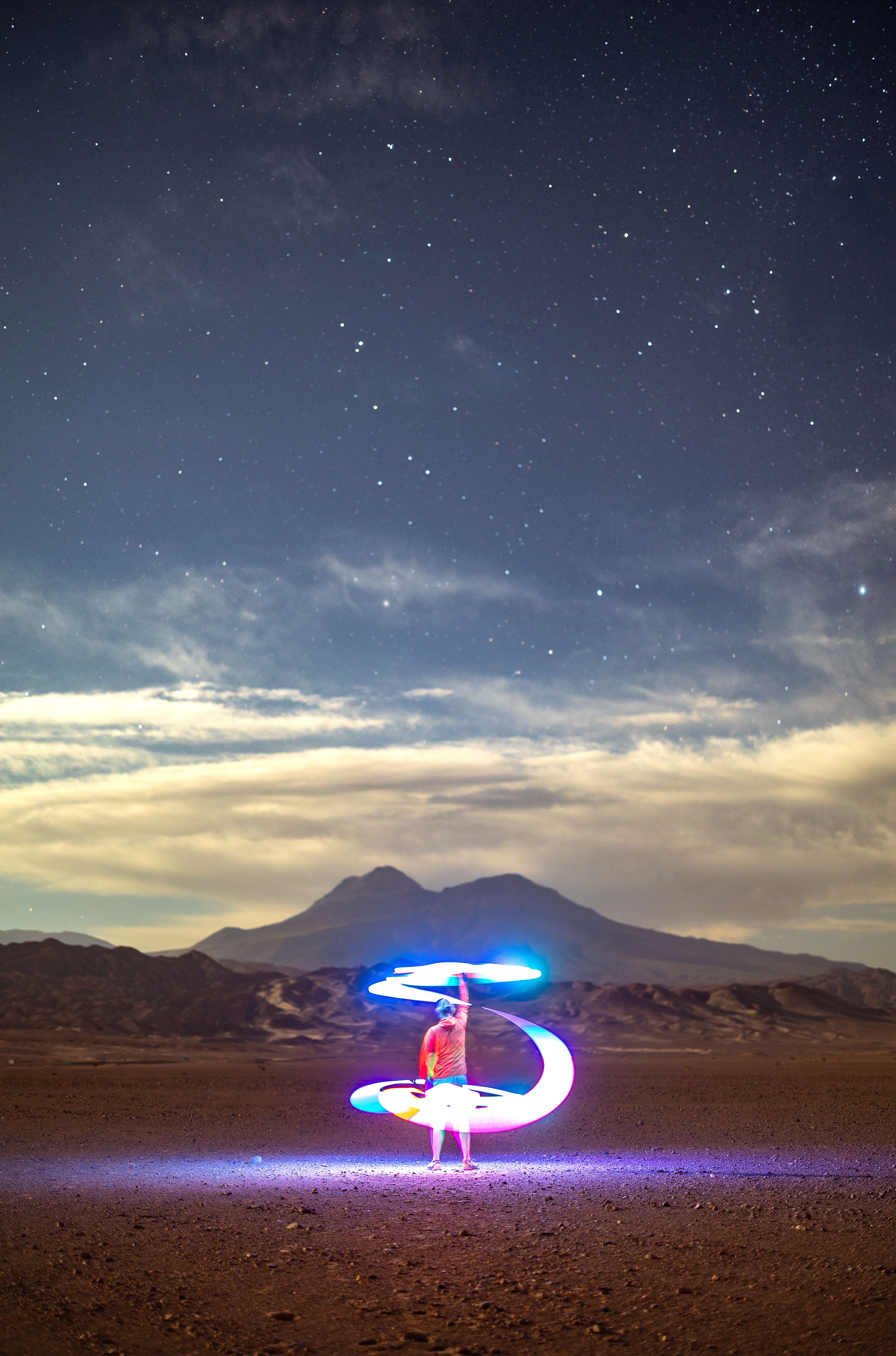 Man Dancing with Neon Lights on a Desert at Night · Free Stock Photo