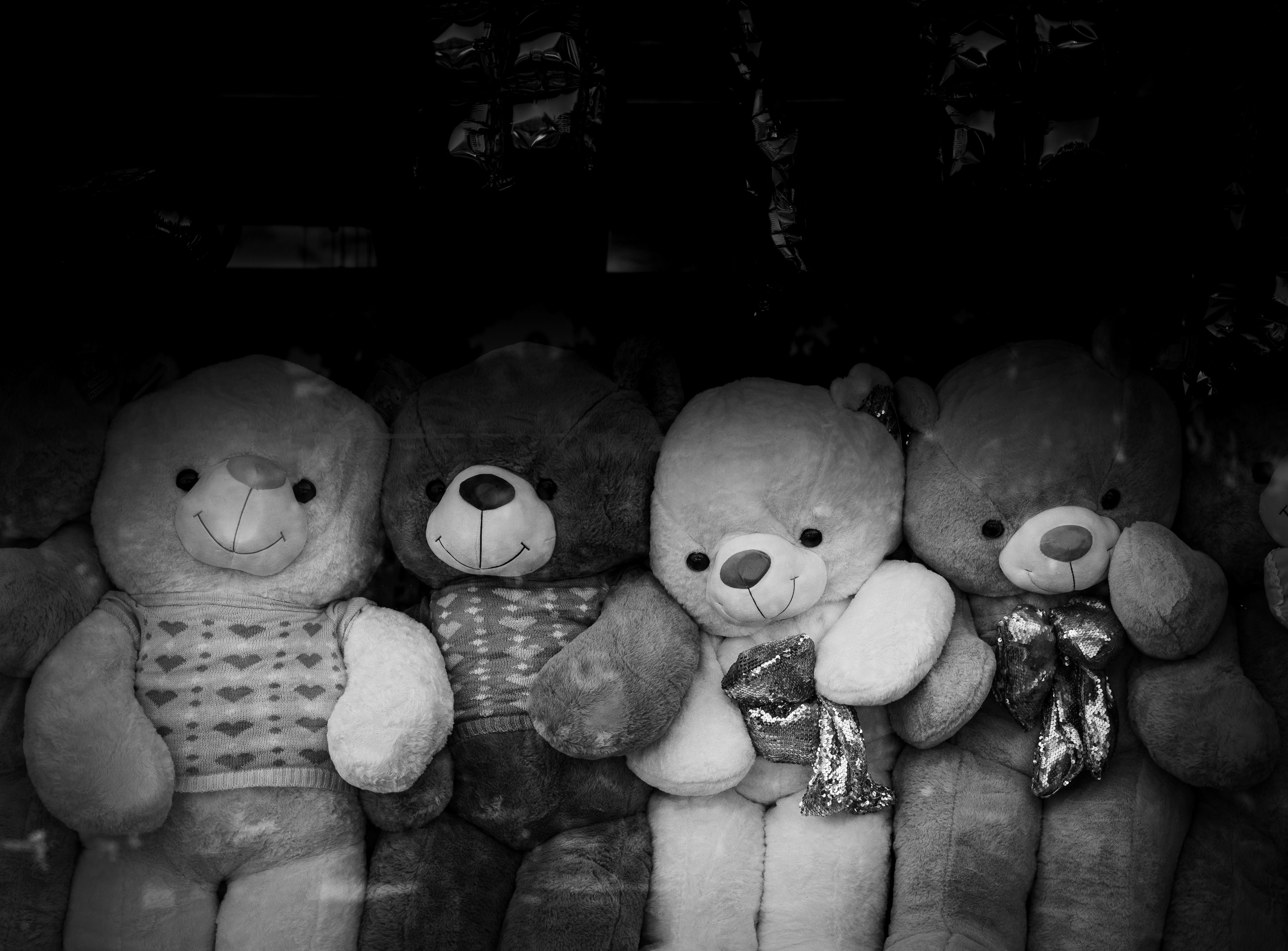 A black and white photo of a group of teddy bears · Free Stock Photo