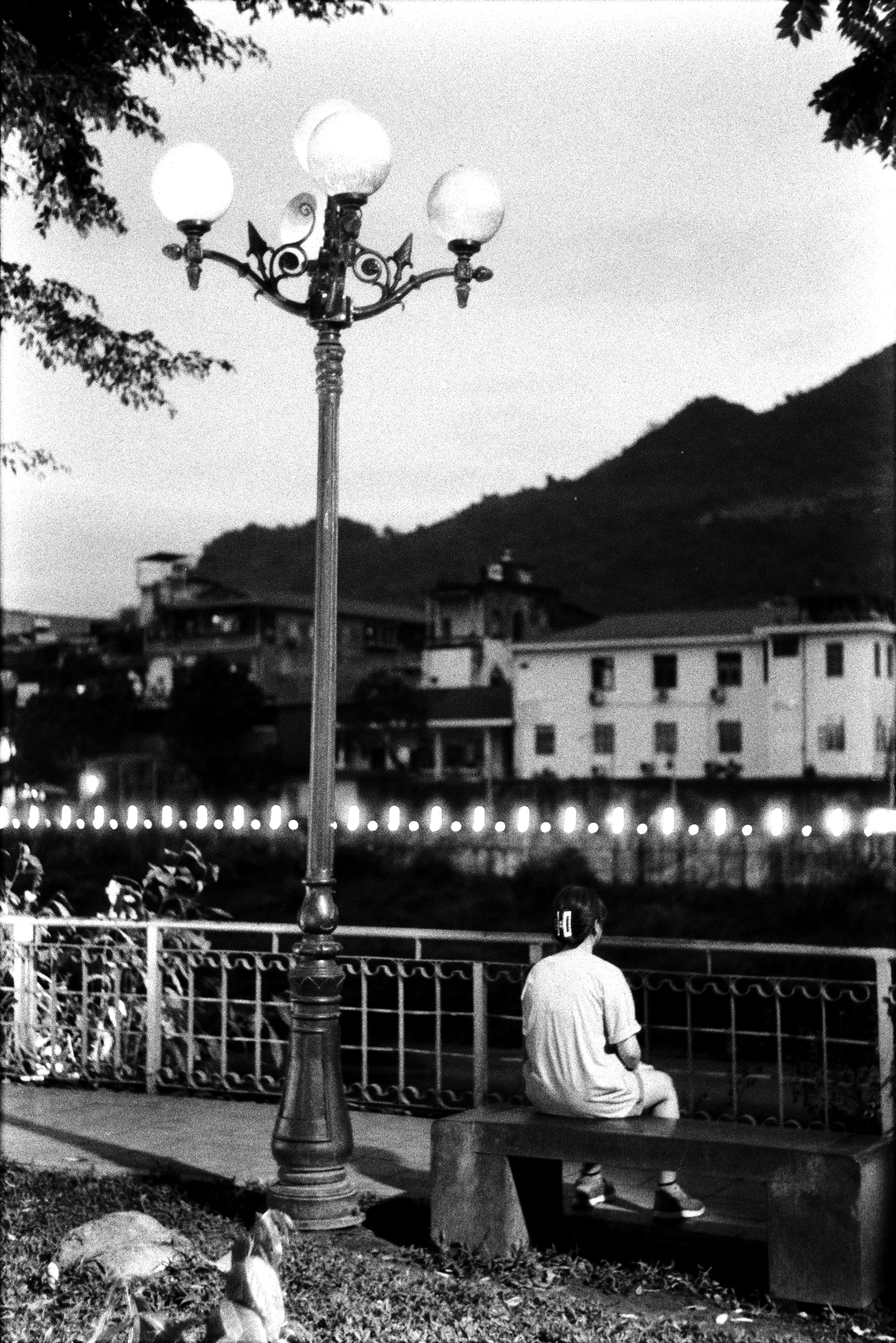 A man sitting on a bench by a lamp post · Free Stock Photo