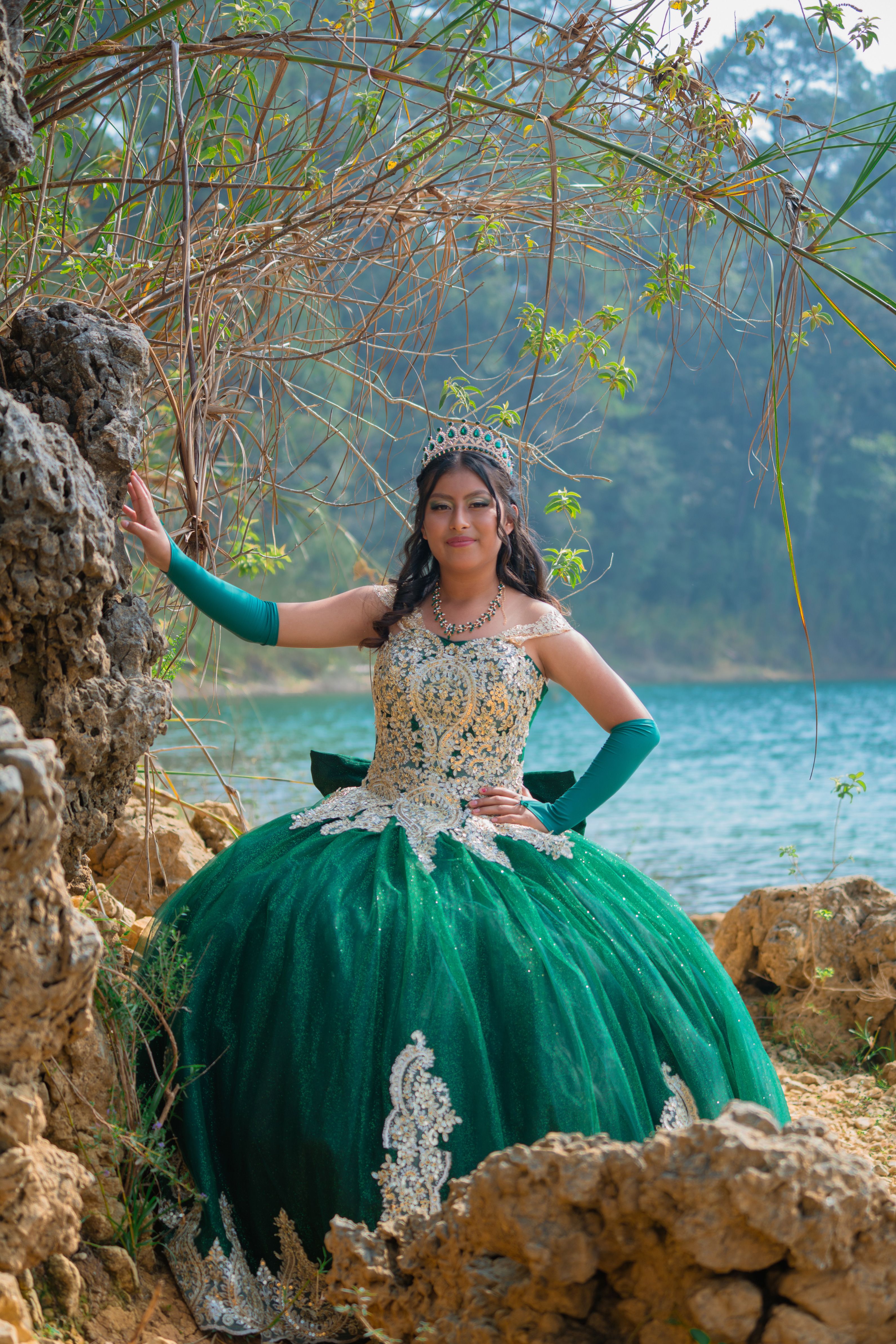 Beautiful Woman Wearing Extravagant Green Dress Against Landscape ...