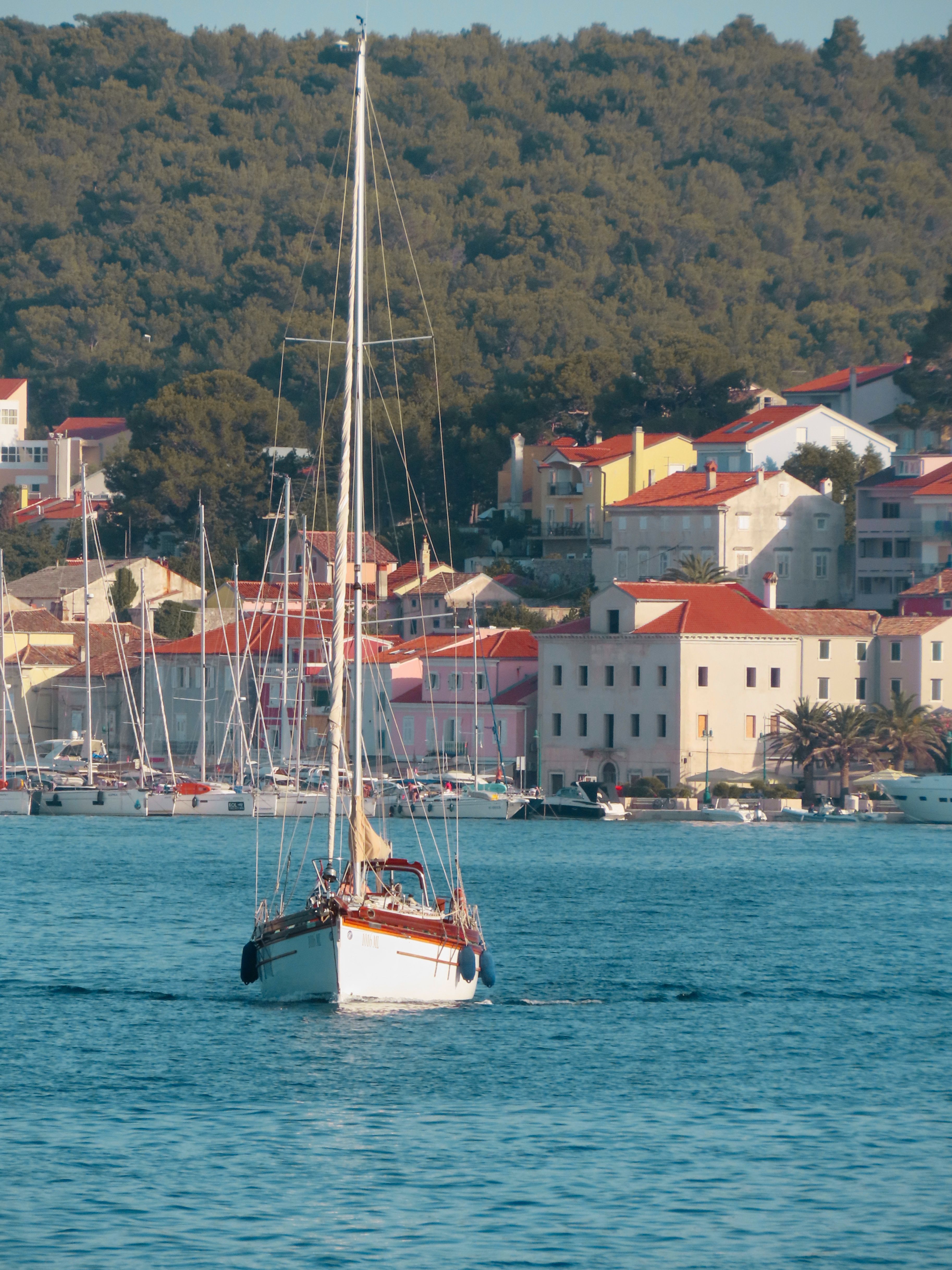 Sailboat against Coastal Houses · Free Stock Photo