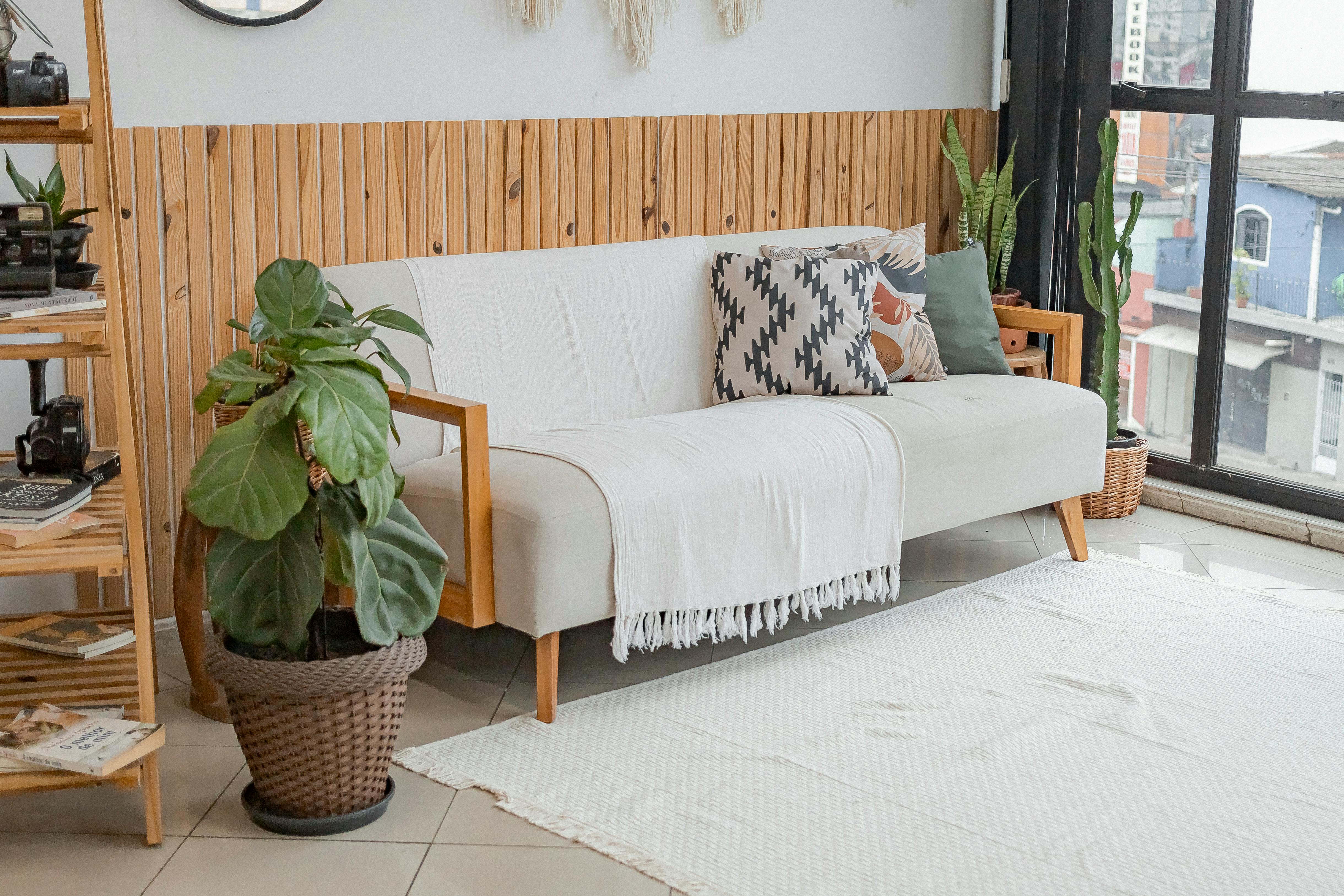 Couch and Potted Plants Set against Wall Lined up with Wooden Planks ...