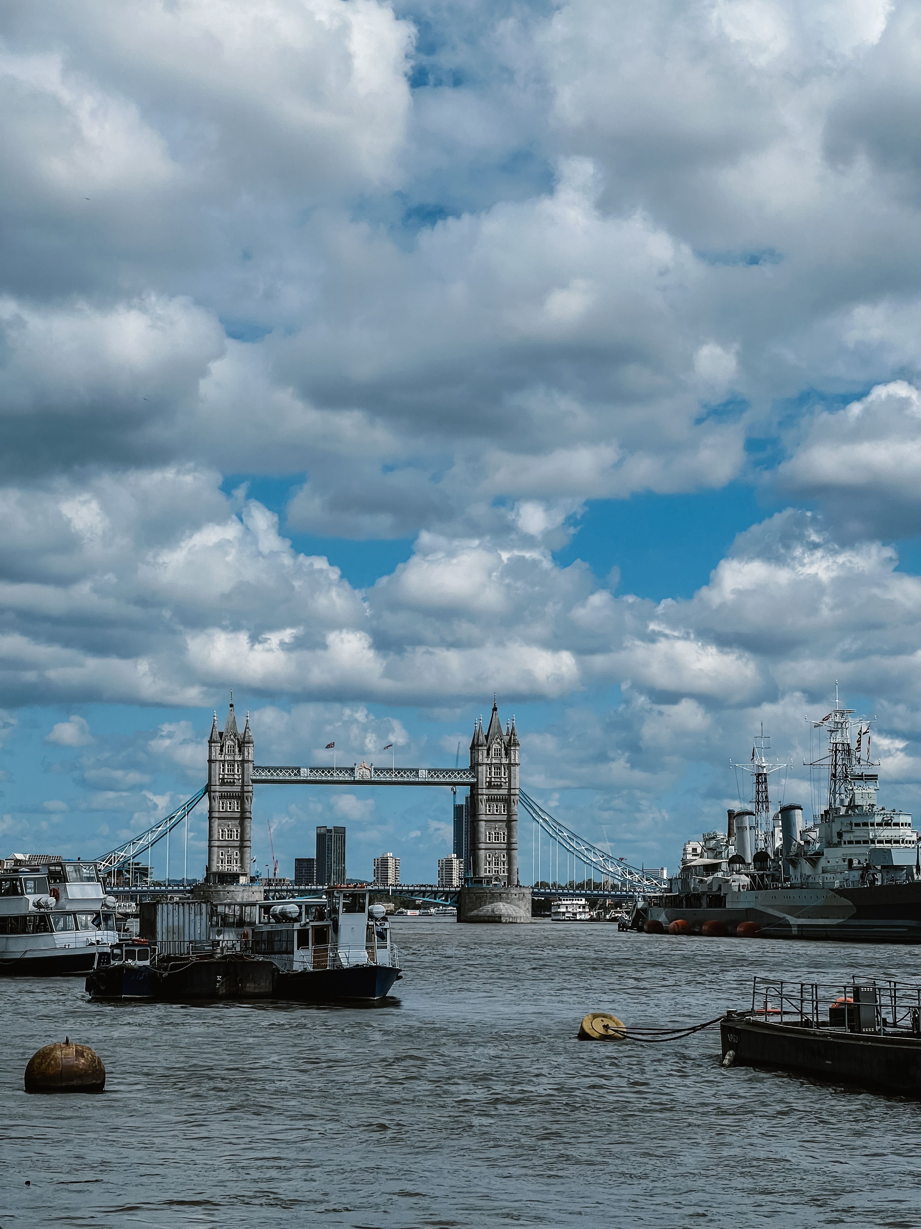 Boats and Ships Sailing on Thames River with View of Tower Bridge in ...