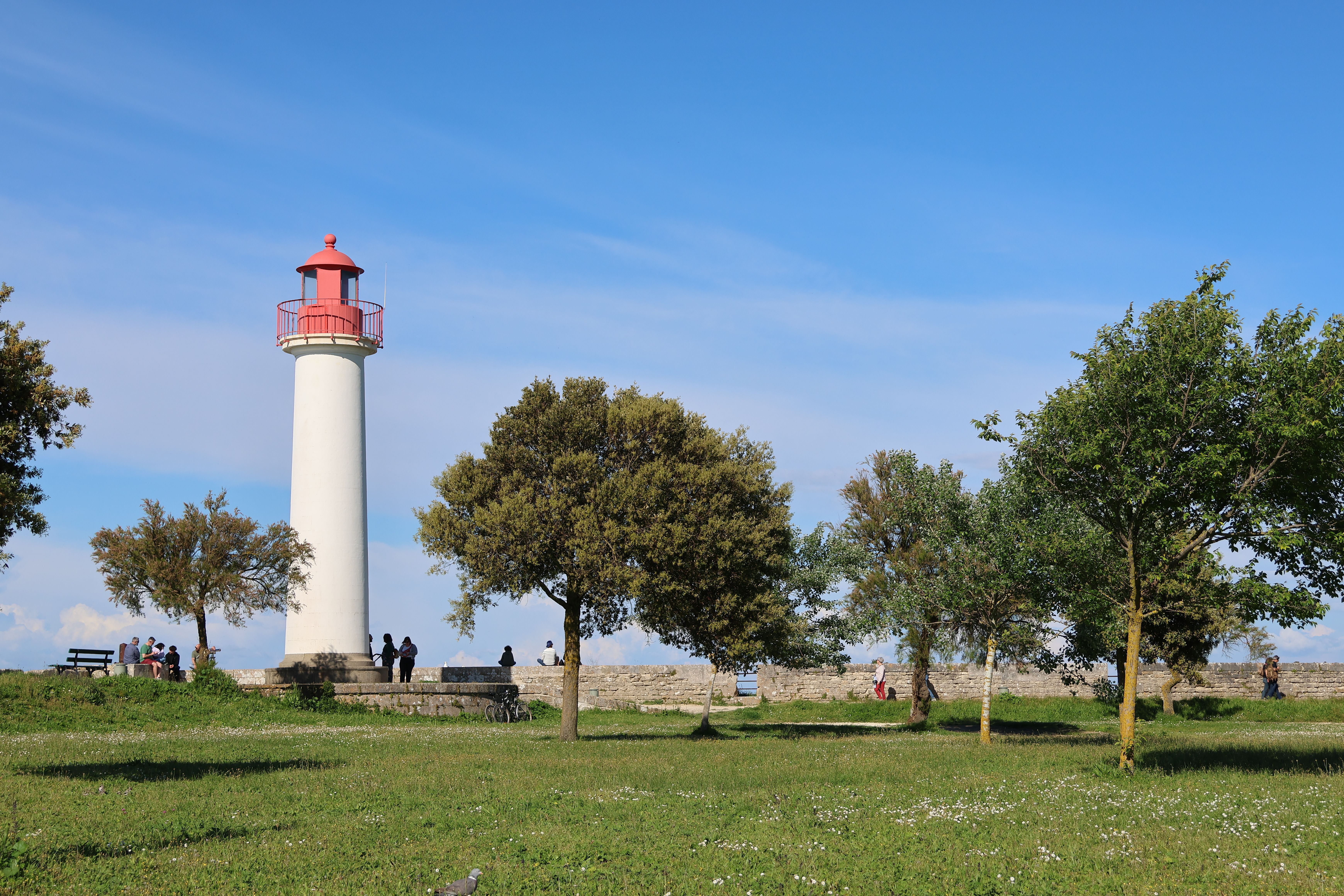 A white and red lighthouse sitting on a grassy field · Free Stock Photo