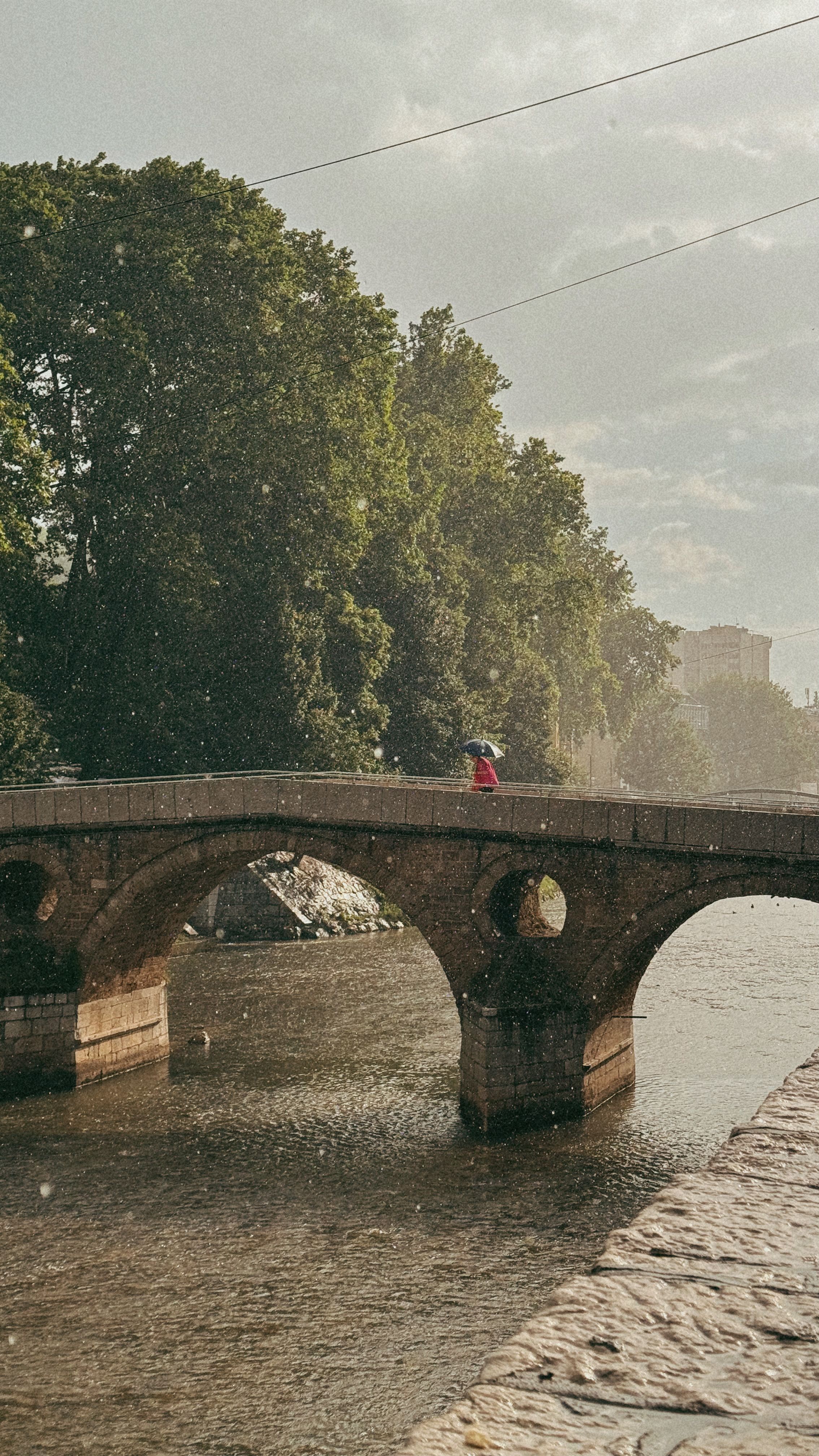 Person with Umbrella on Bridge during Heavy Rain · Free Stock Photo