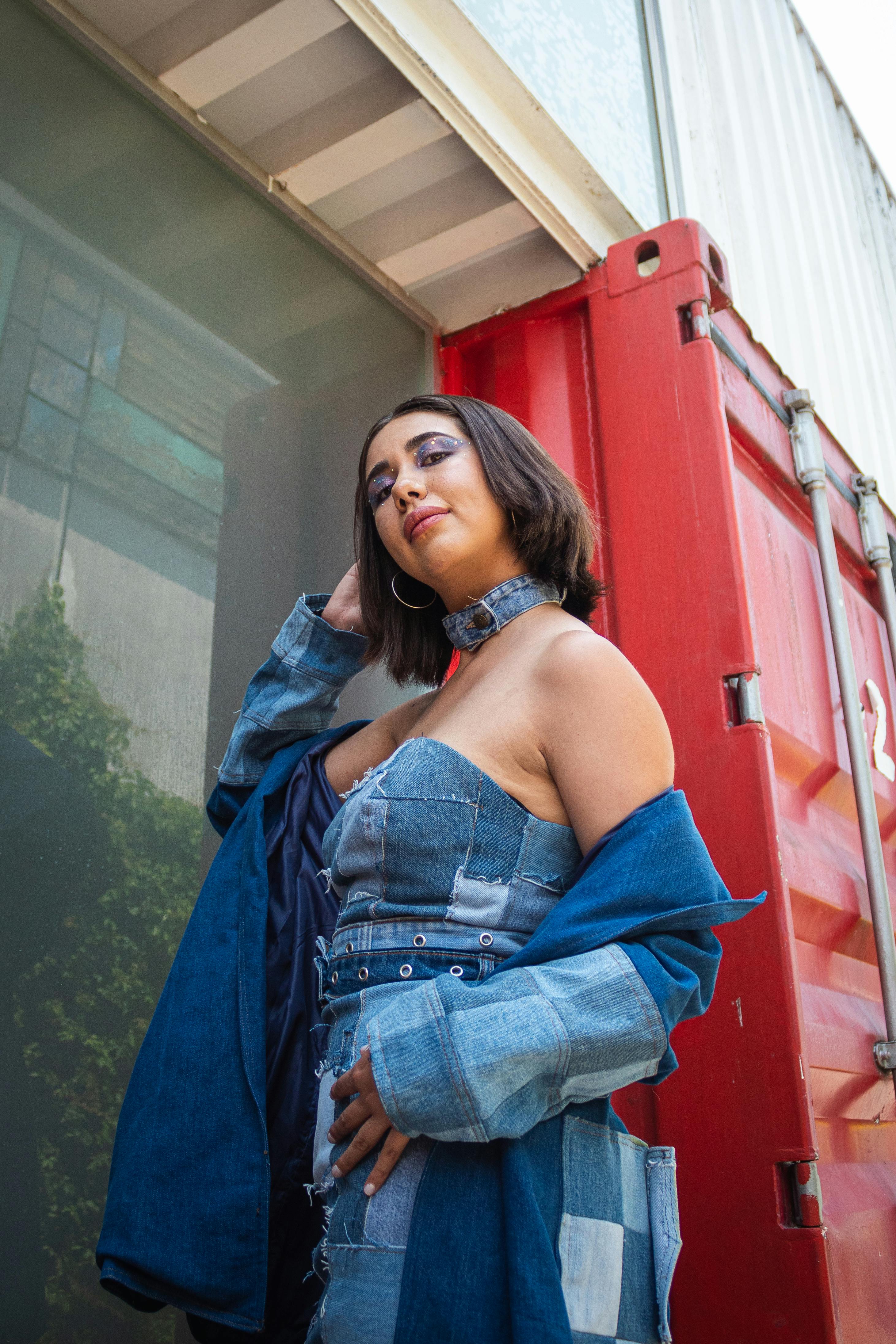 Woman Posing Wearing Custom Denim Patches Dress · Free Stock Photo