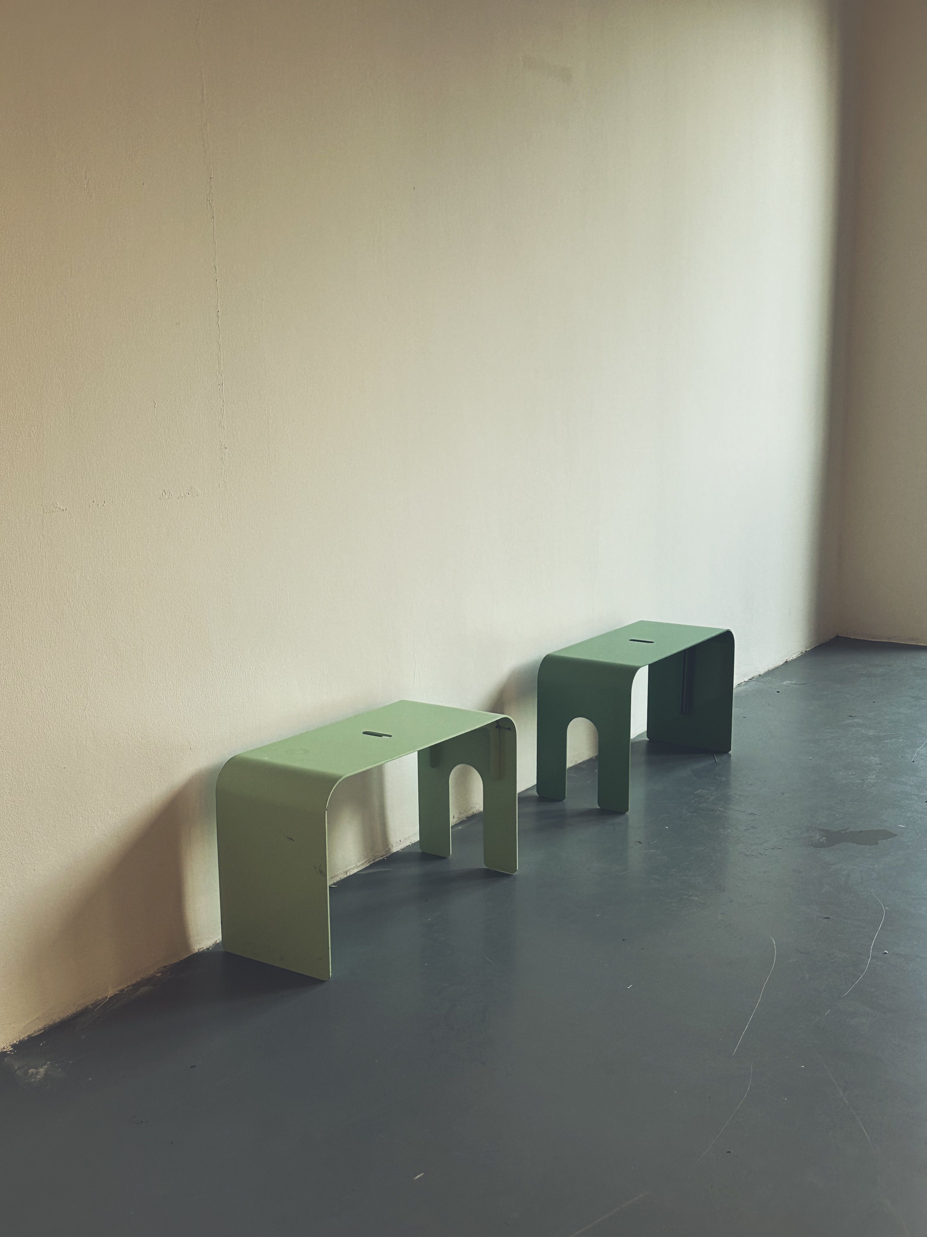 Two green stools sit in a room with a white wall · Free Stock Photo
