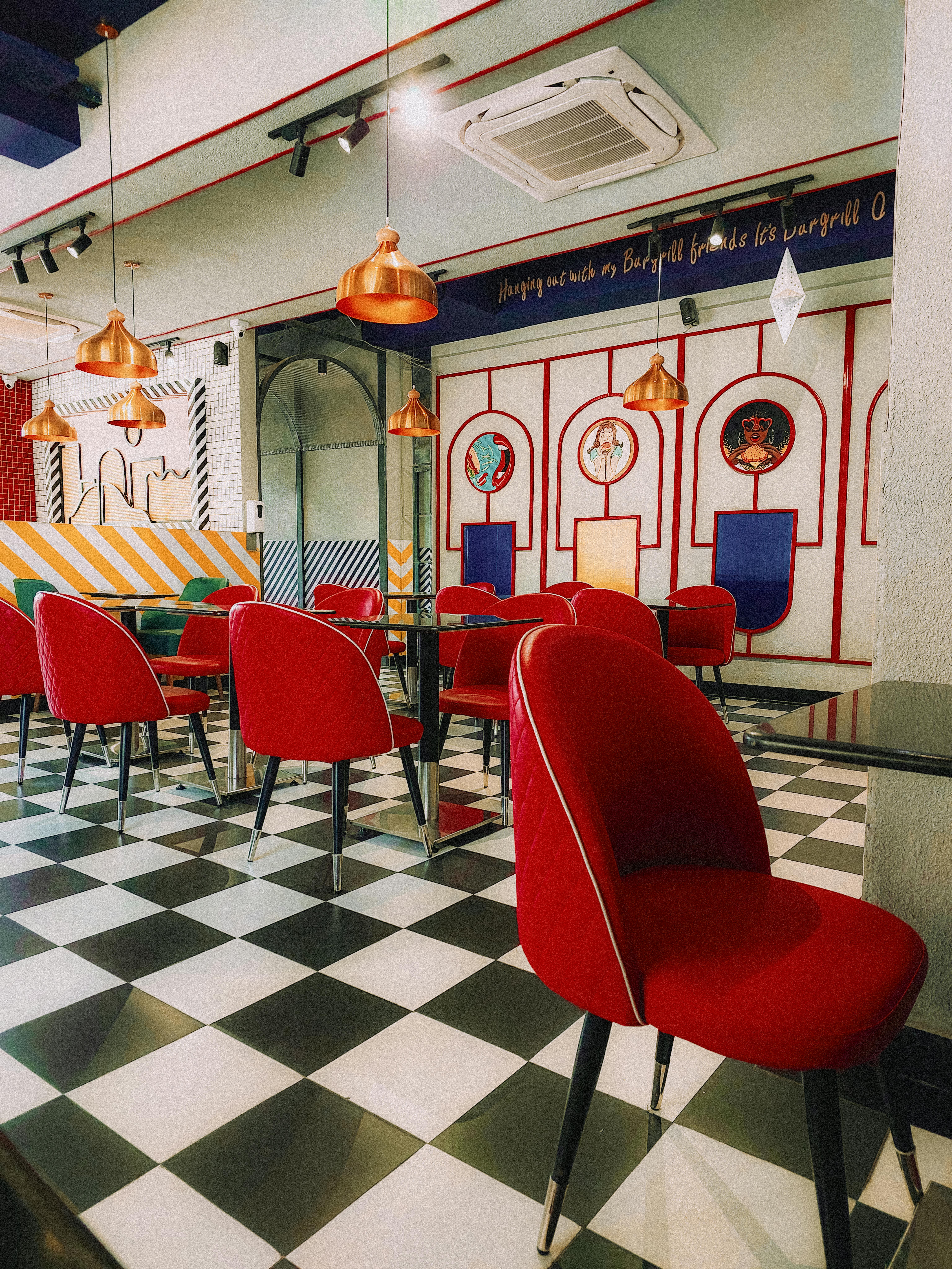 Interior of Restaurant with Checkerboard Floor and Red Chairs · Free ...