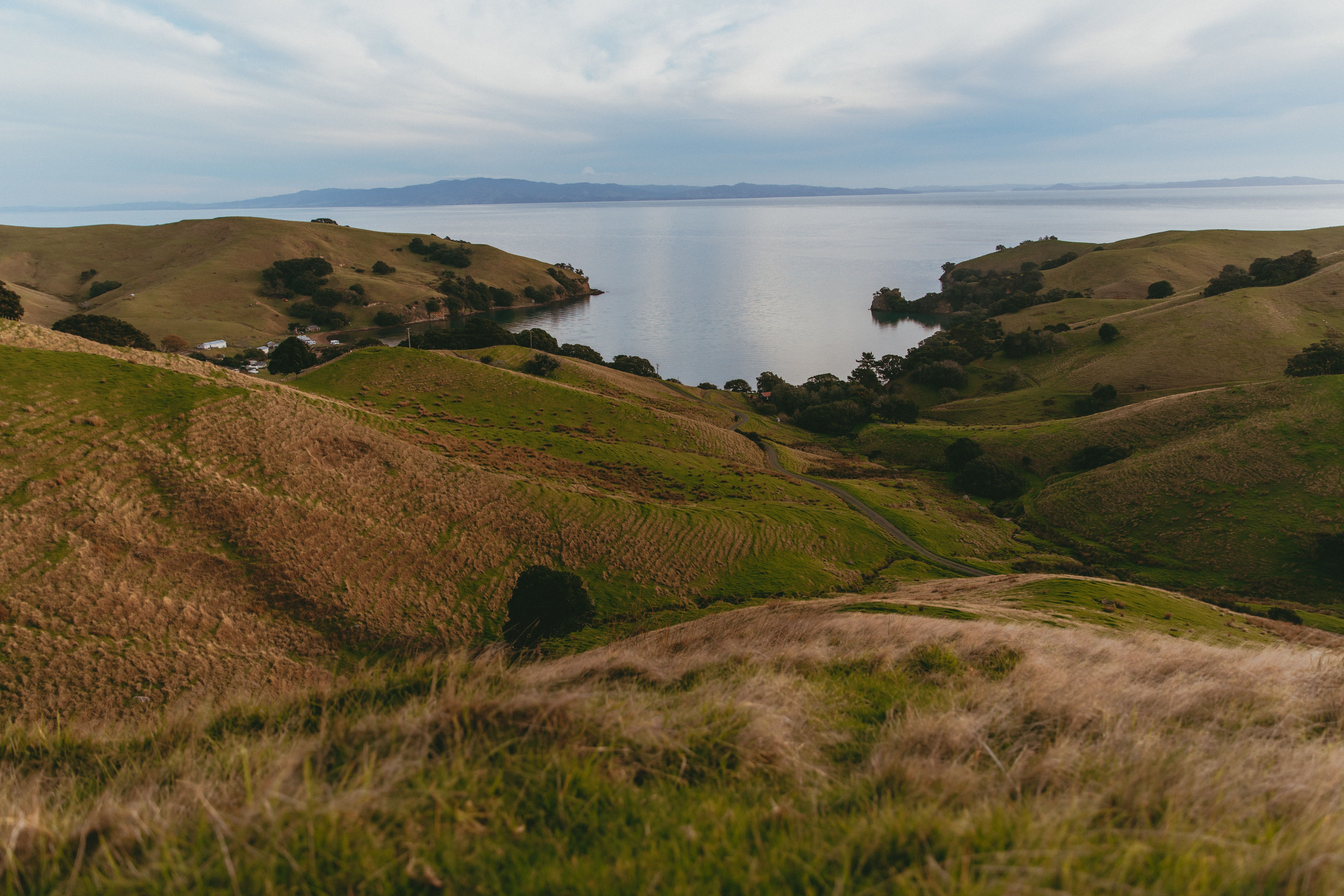 A view of the ocean and hills from a hill · Free Stock Photo