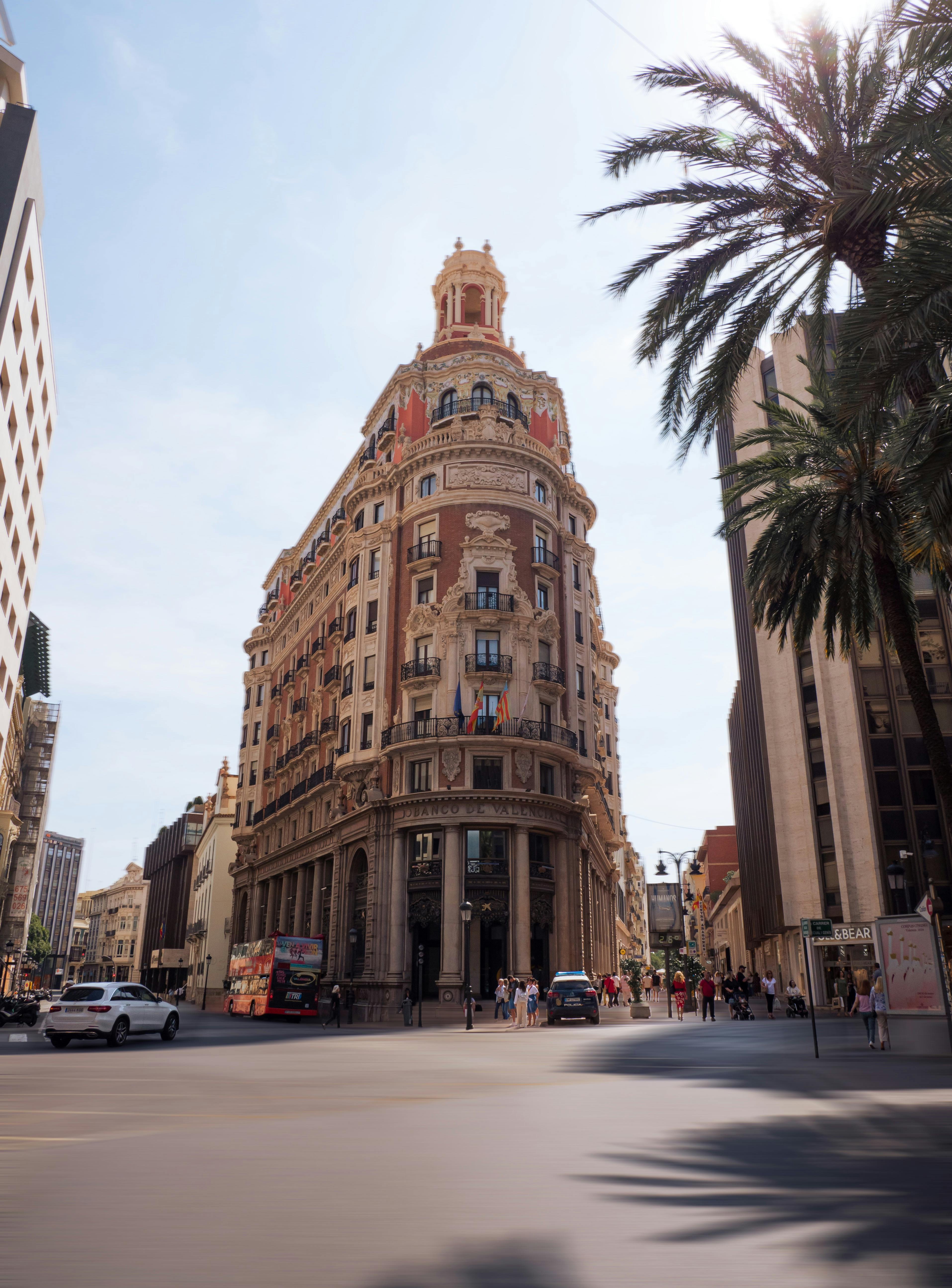 View of the Street and the Bank of Valencia Building in Valencia, Spain ...