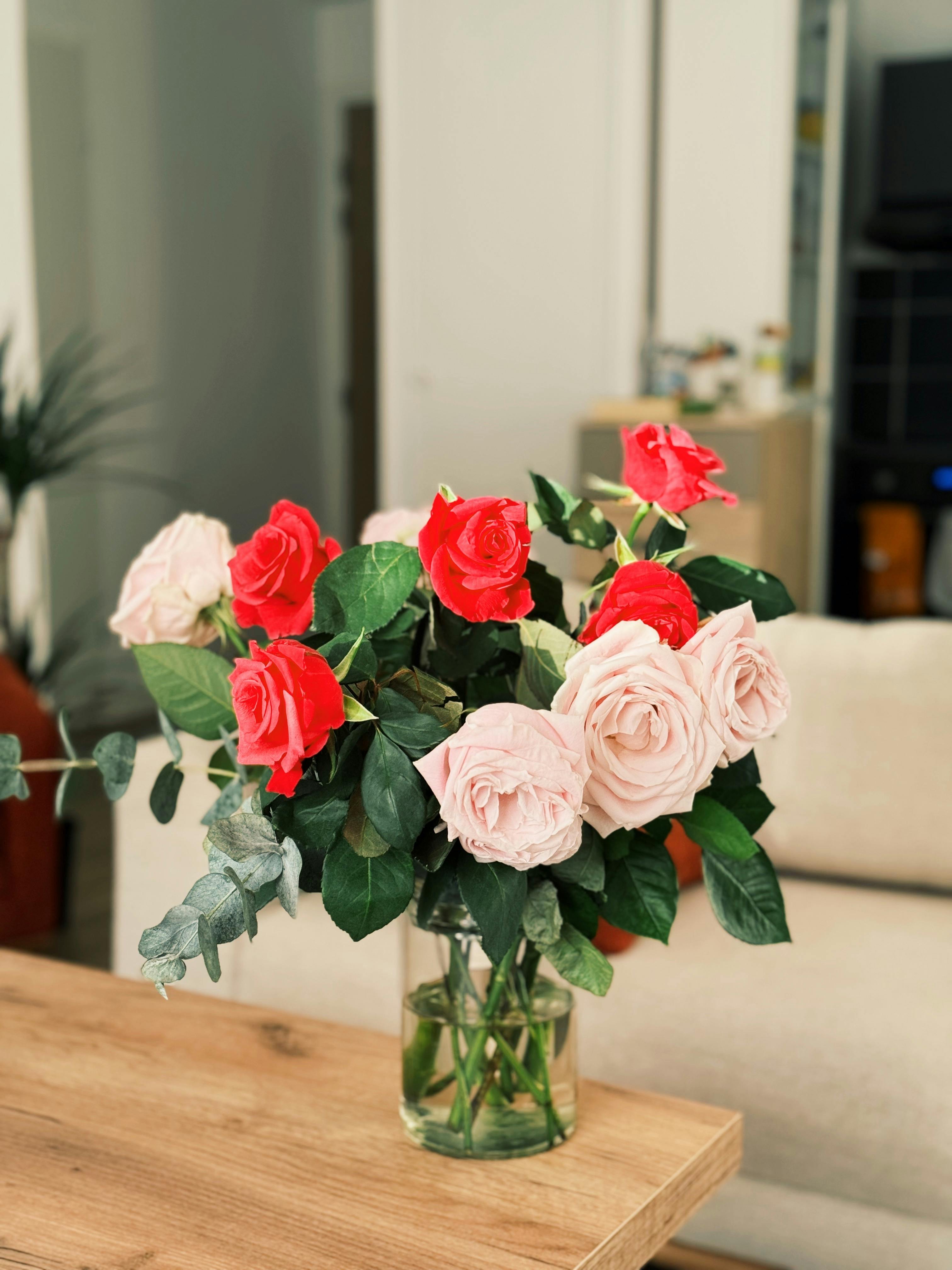 Bouquet of Red and Pink Roses in Glass Vase · Free Stock Photo