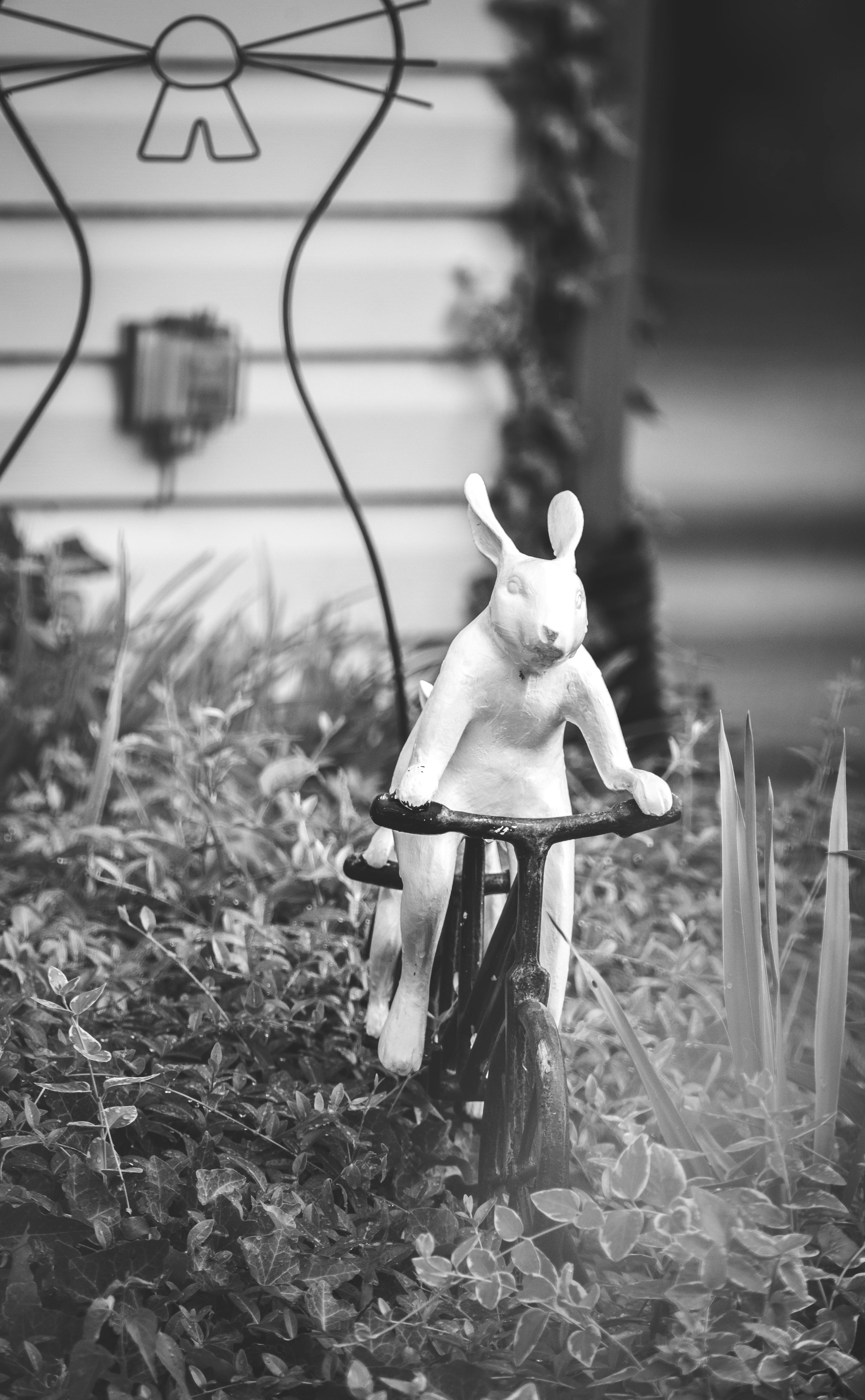 Rabbit Statue in Garden in Black and White · Free Stock Photo