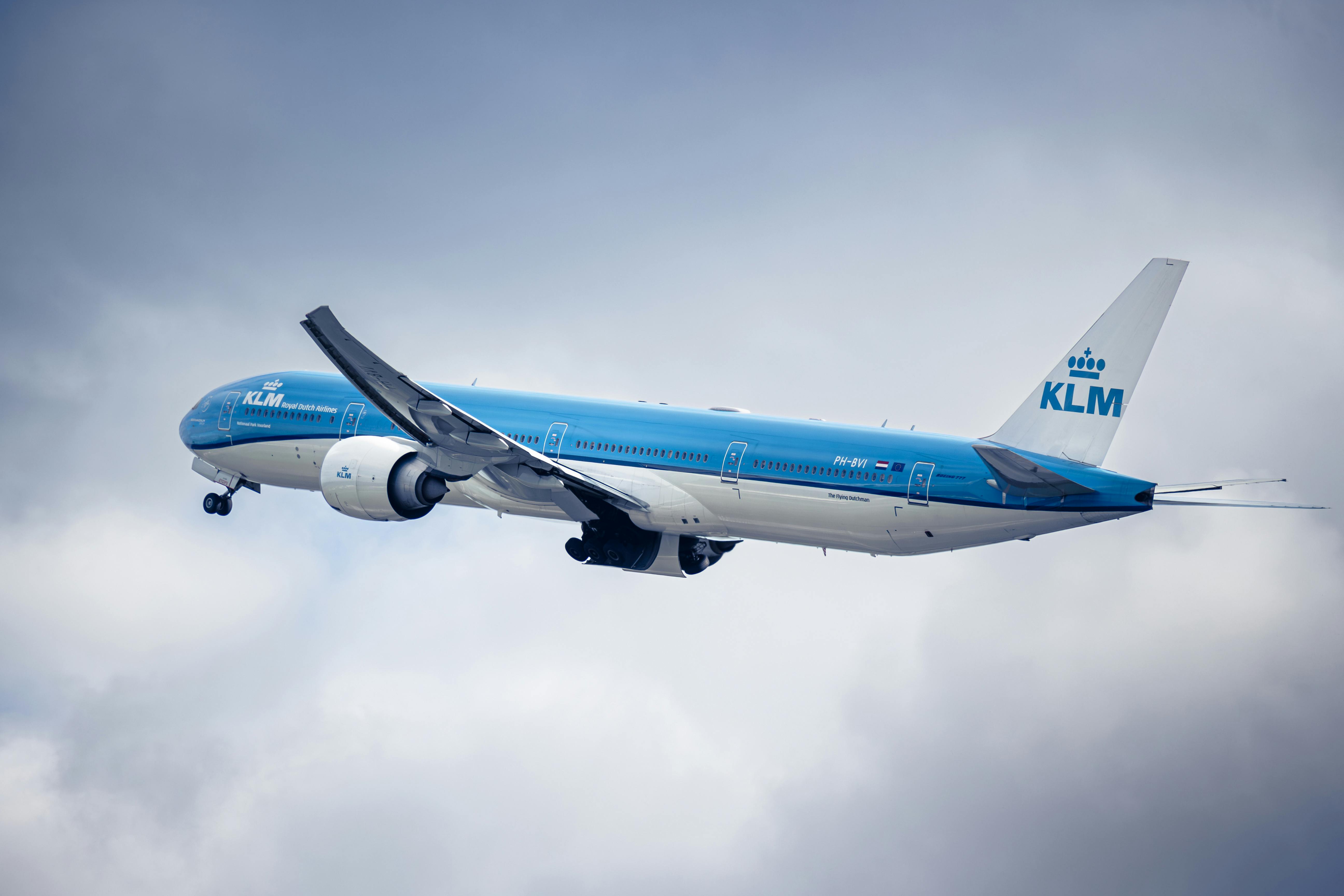 Blue KLM Airplane Flying in Sky · Free Stock Photo