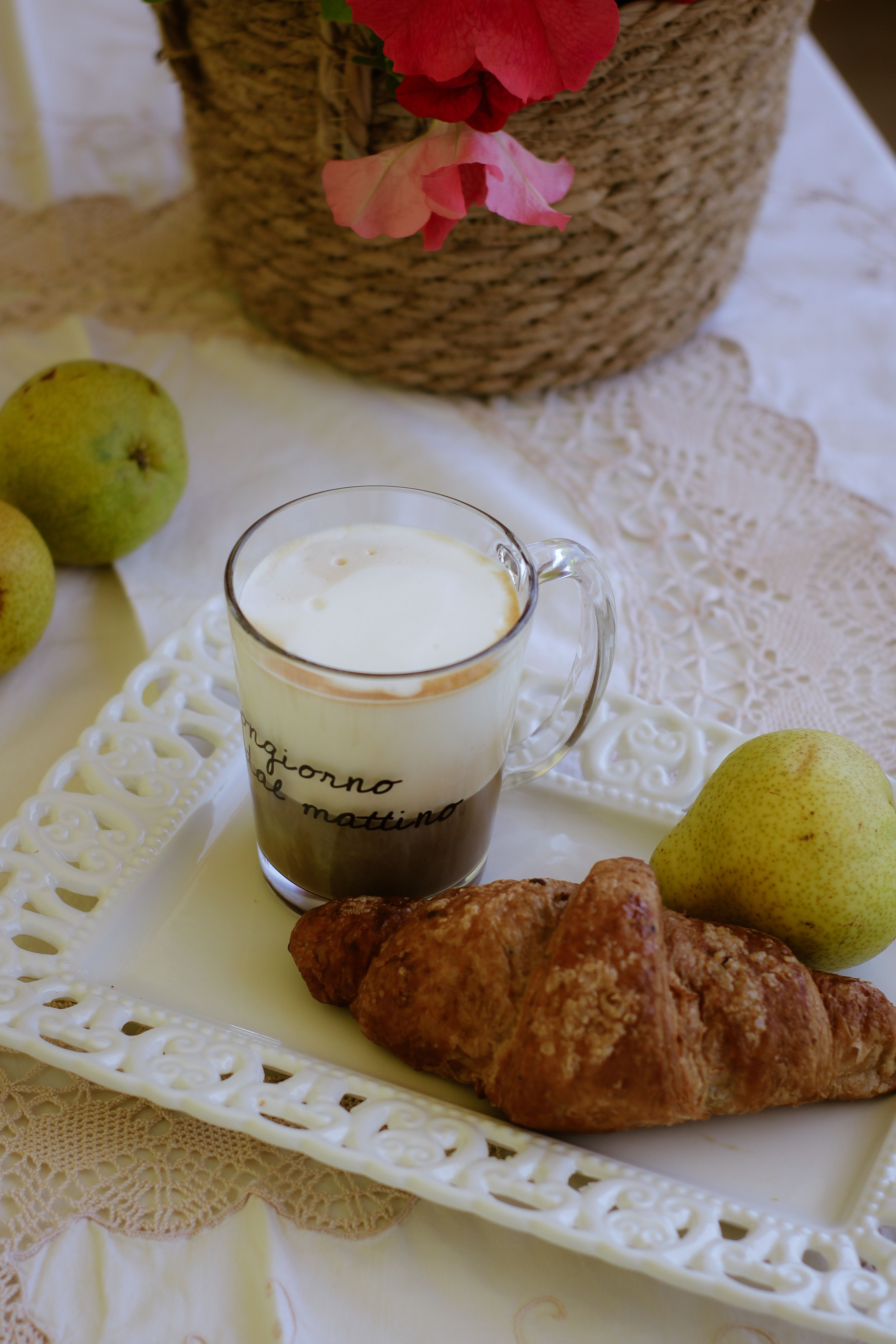 Coffee Latte with Pears and Croissant Served on White Plate · Free ...