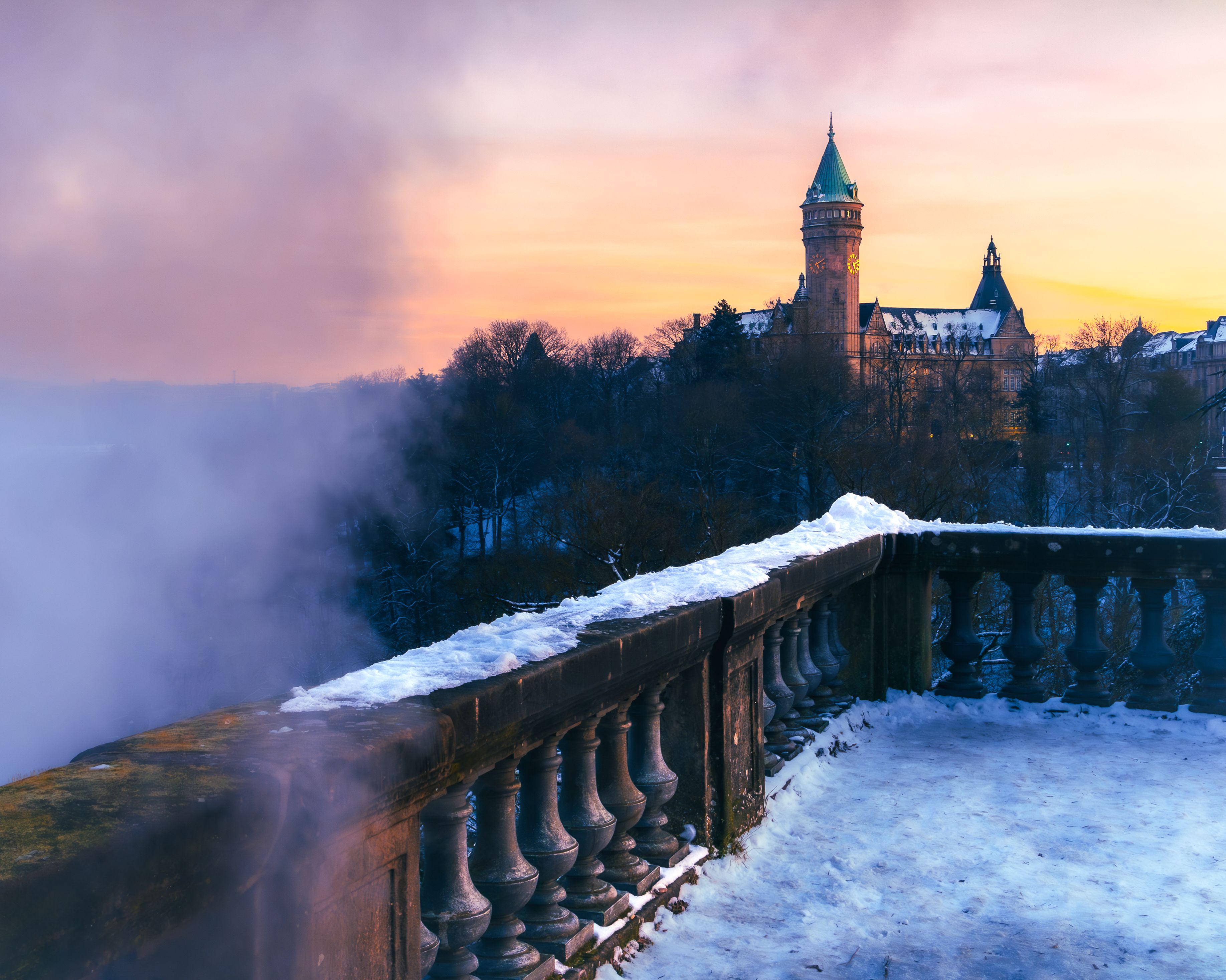 Stone Balcony with Snow Overlooking Castle in Luxembourg · Free Stock Photo