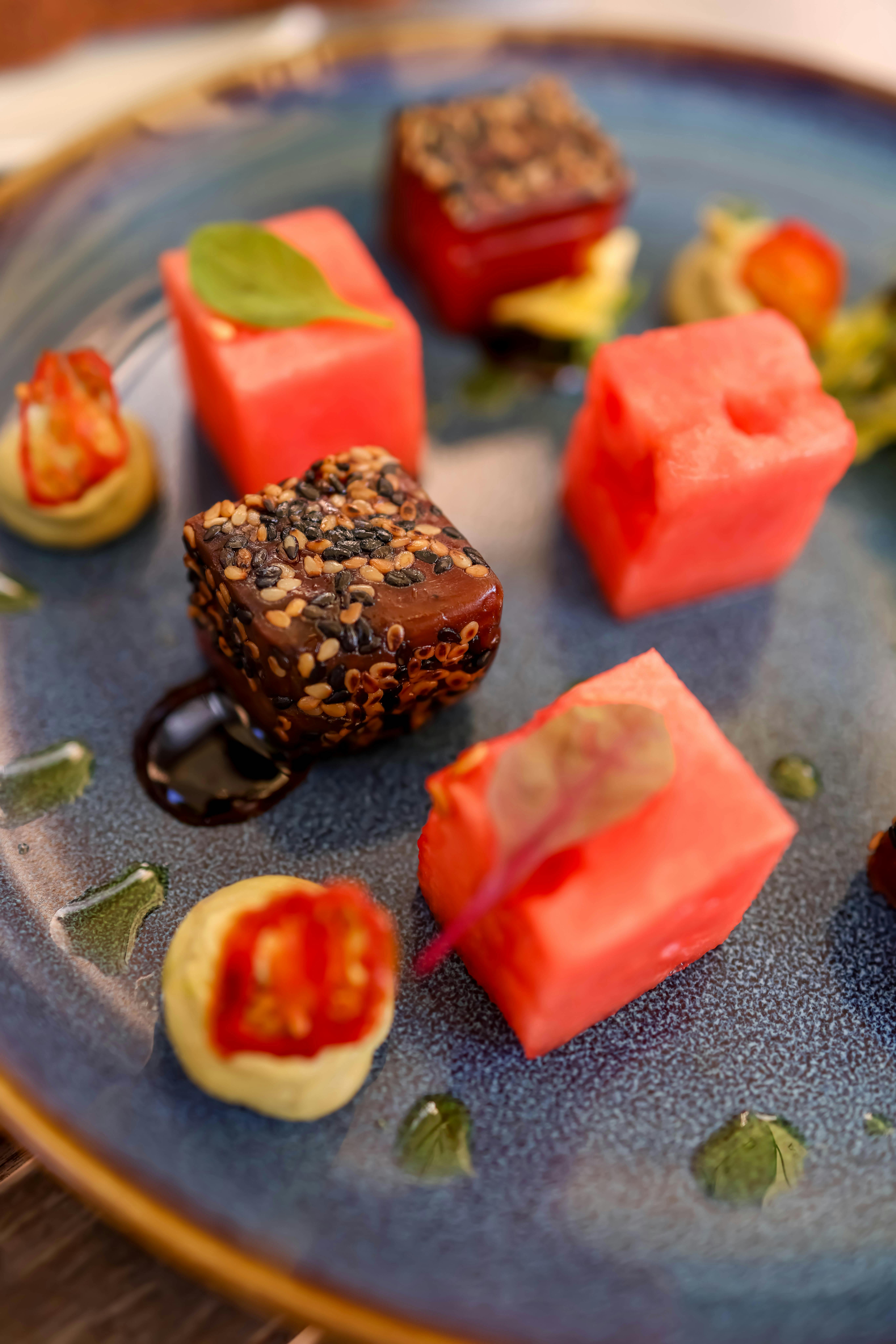 Food Cubes on a Blue Plate · Free Stock Photo
