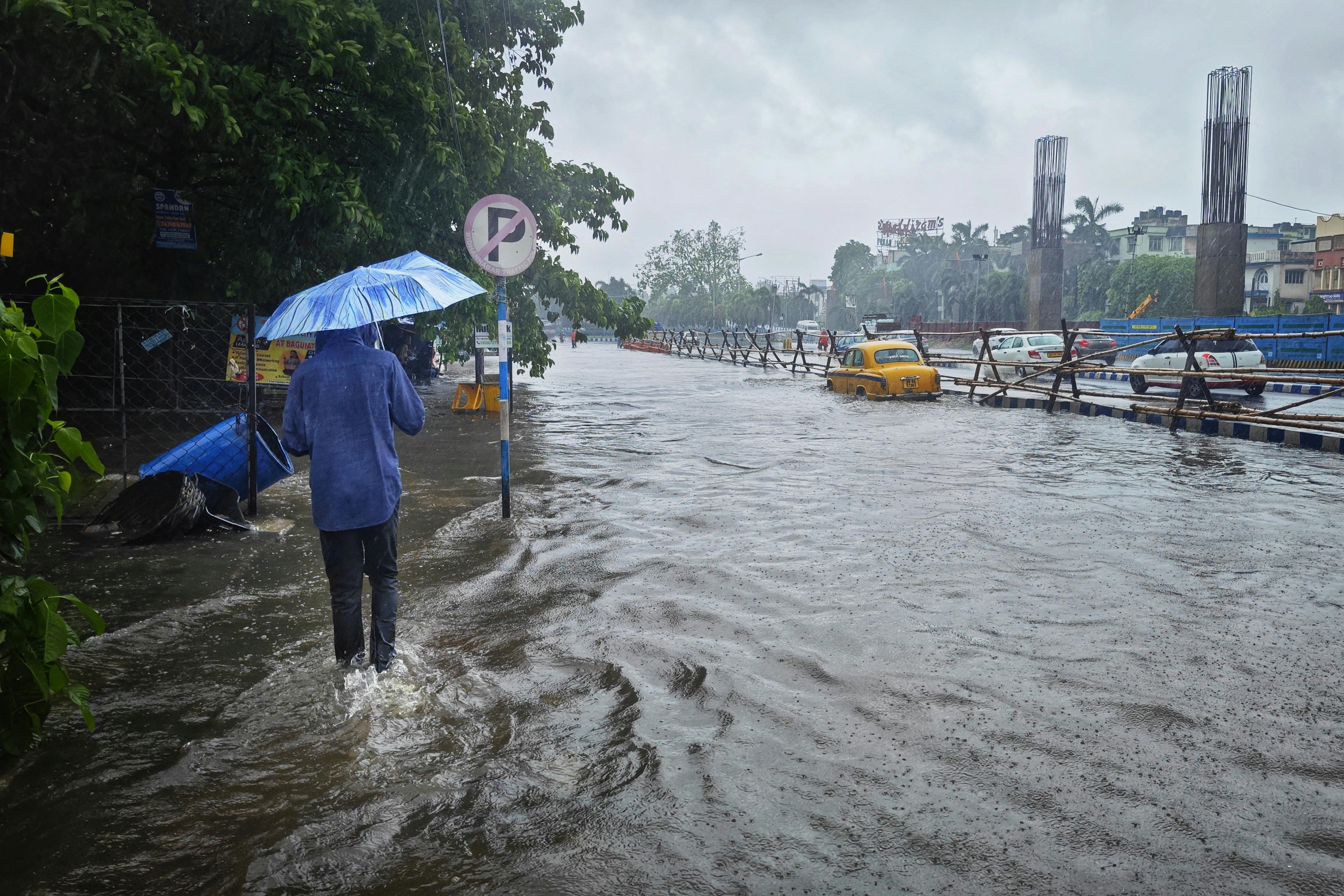 Person Walking with Umbrella on Street during Flood · Free Stock Photo