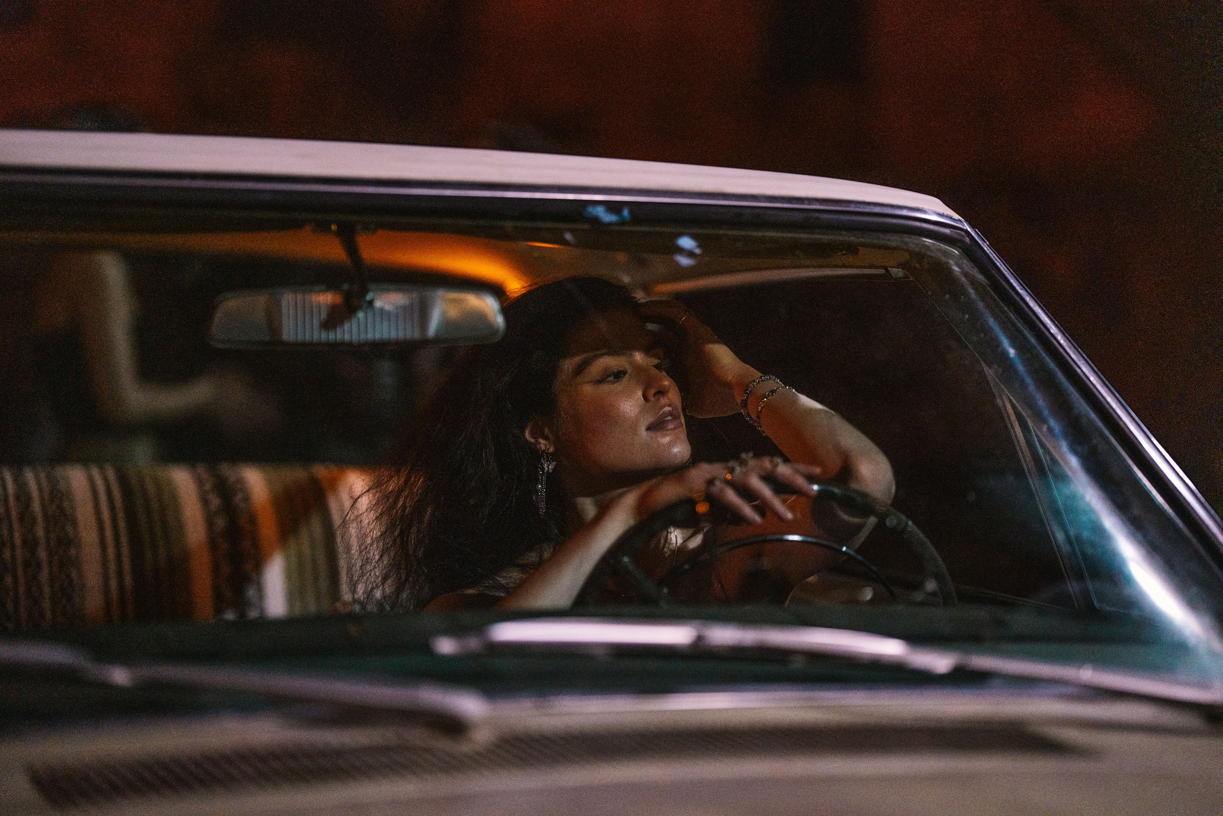 Woman Driving Vintage Car Alone at Night · Free Stock Photo