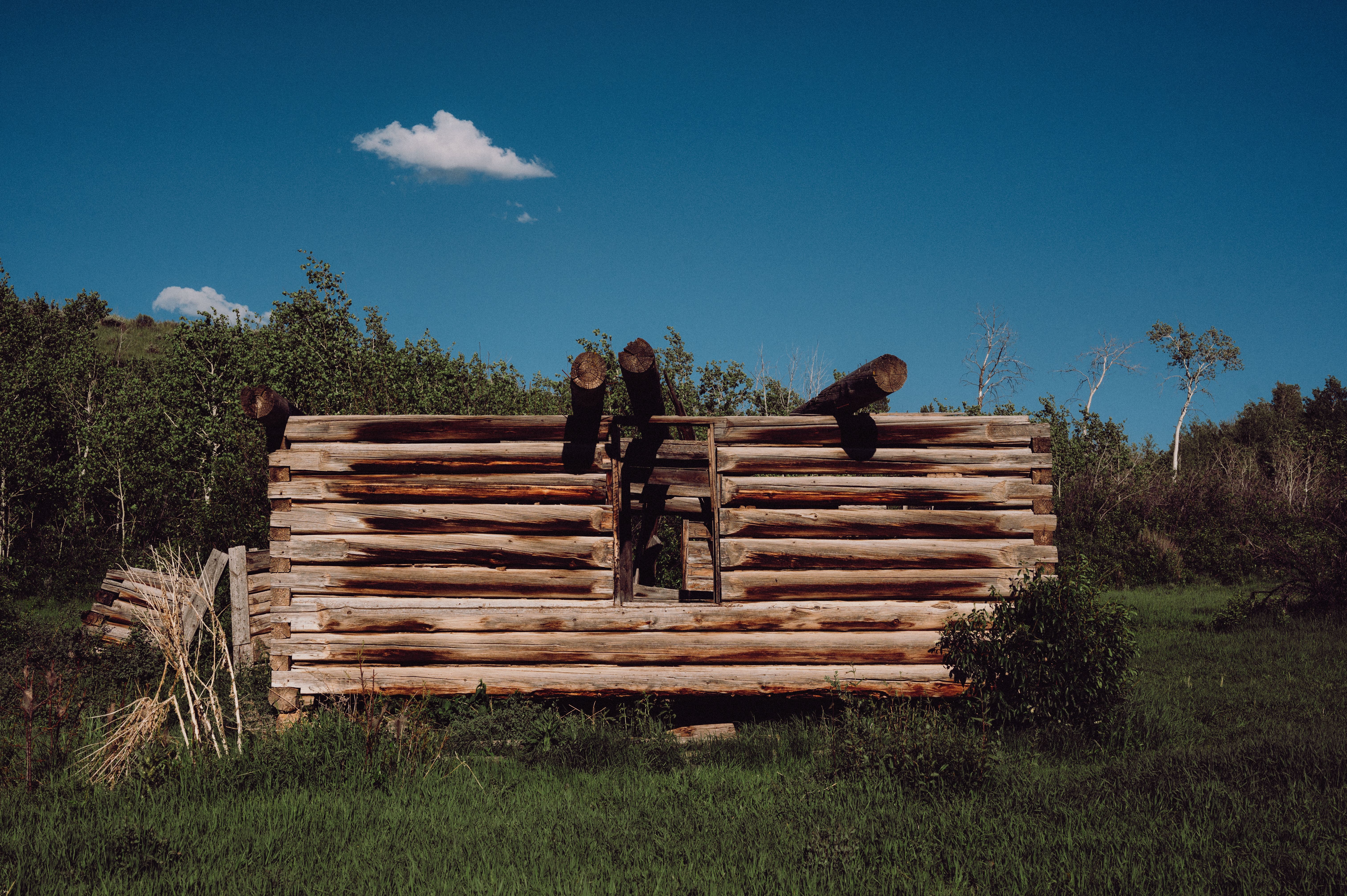Partially Constructed Wooden Cabin in a Field · Free Stock Photo