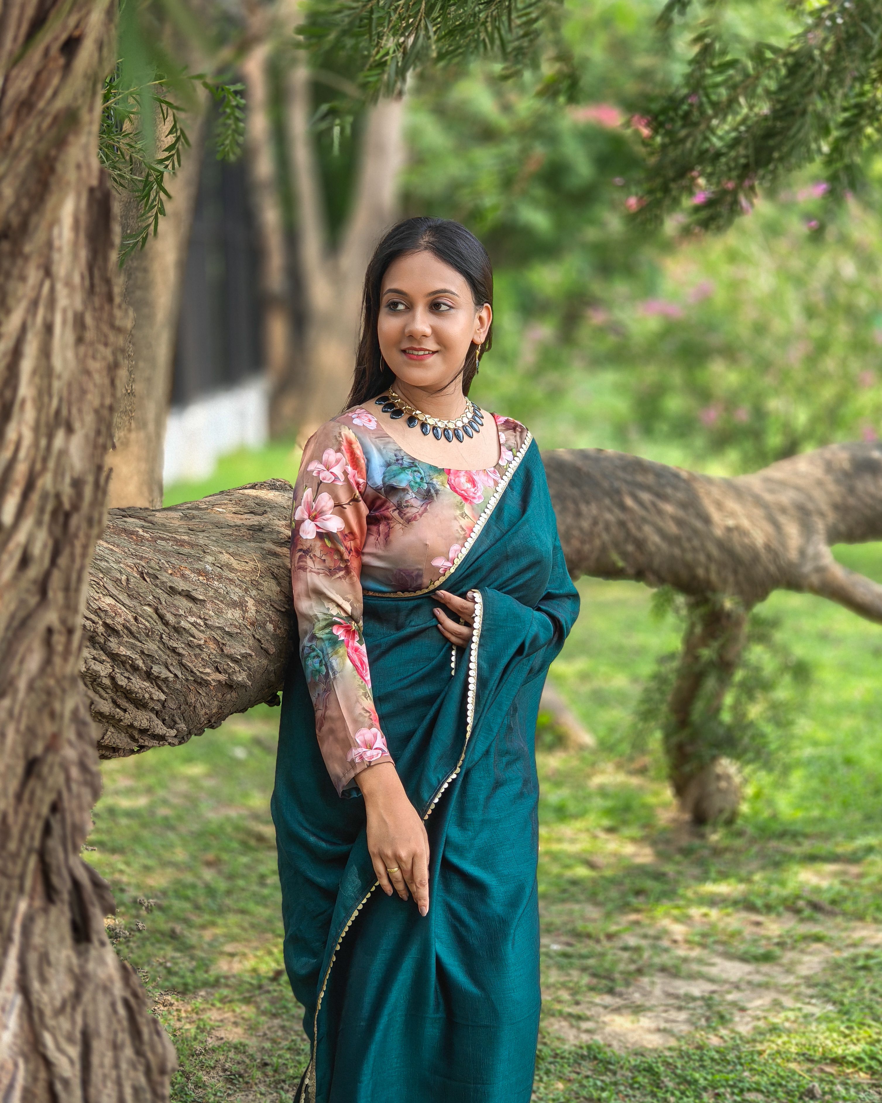 Model in Green Sari Dress and Floral Choli Blouse · Free Stock Photo