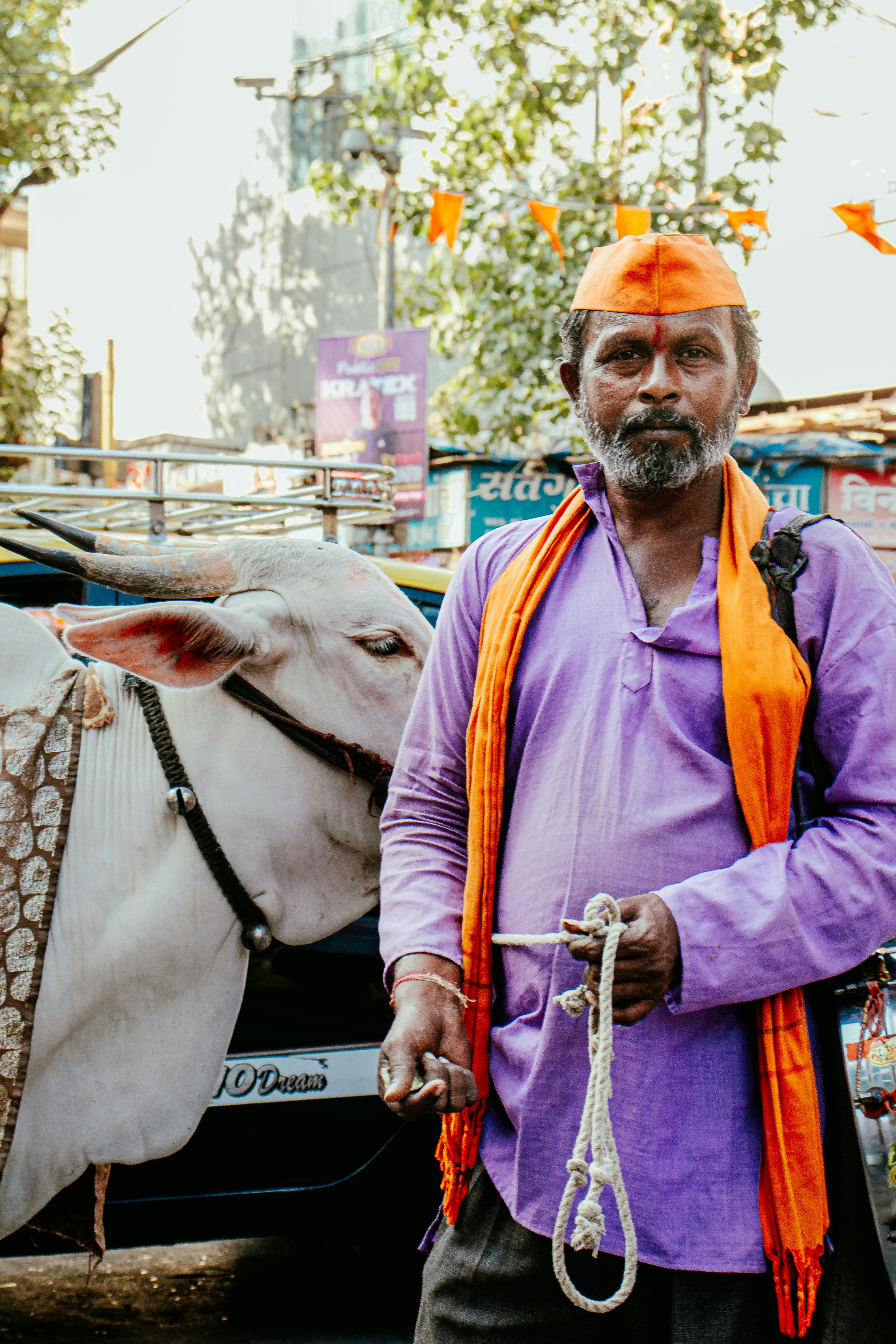 Man Wearing Traditional Indian Clothing Holding Cattles Rope on Street ...