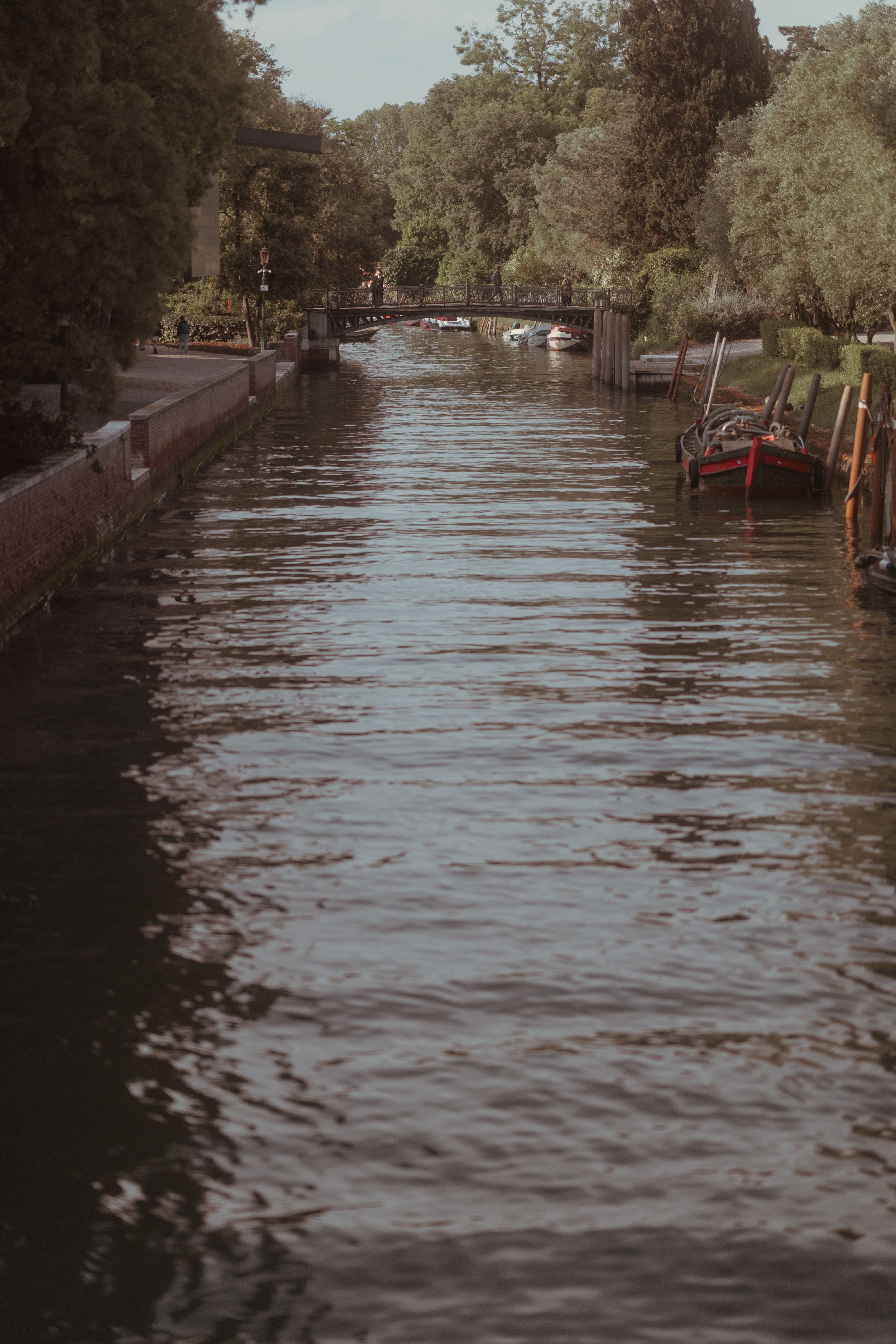 A canal with boats on it and trees on the side · Free Stock Photo