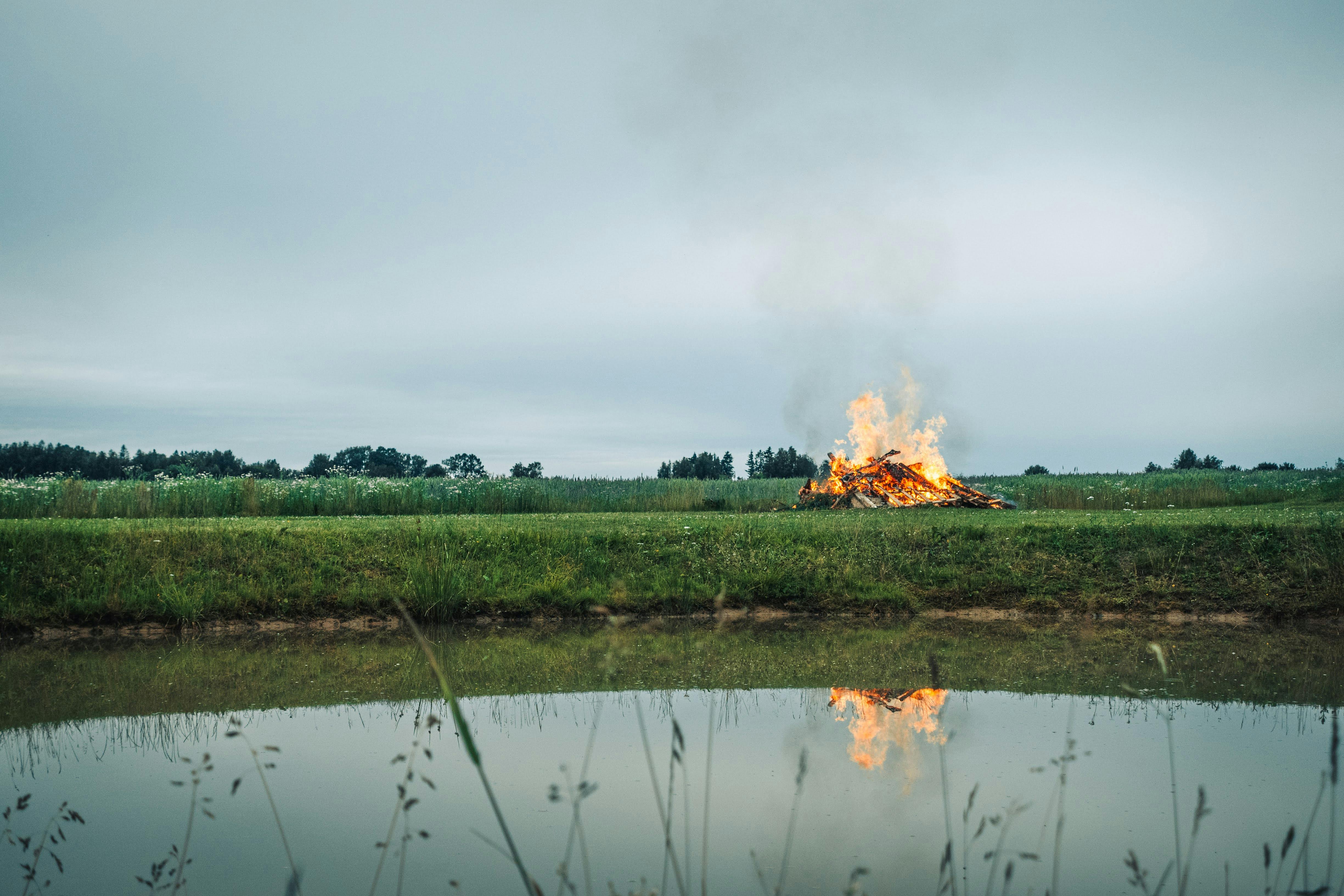 Large Bonfire Between the Field and the Pond · Free Stock Photo